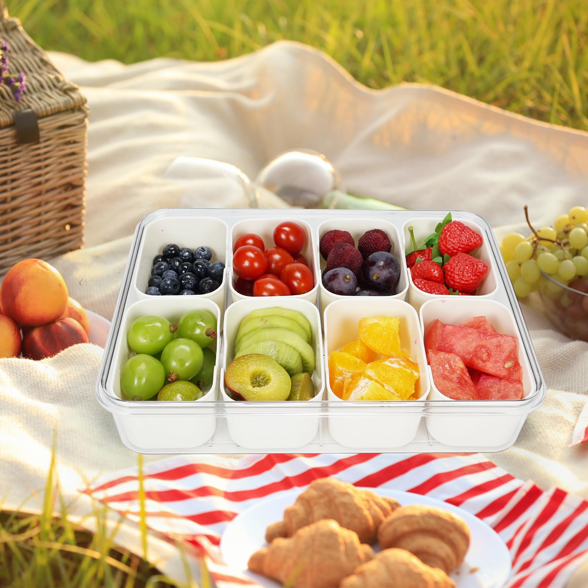 Divided Veggie Tray with Lid and Handle,Compartment Serving Tray with Dividers,Clear Storage Organizer for Candy, Veggie, Fruits, Nuts& Spices, Portable Snack Container for Entertaining Party, Picnic
