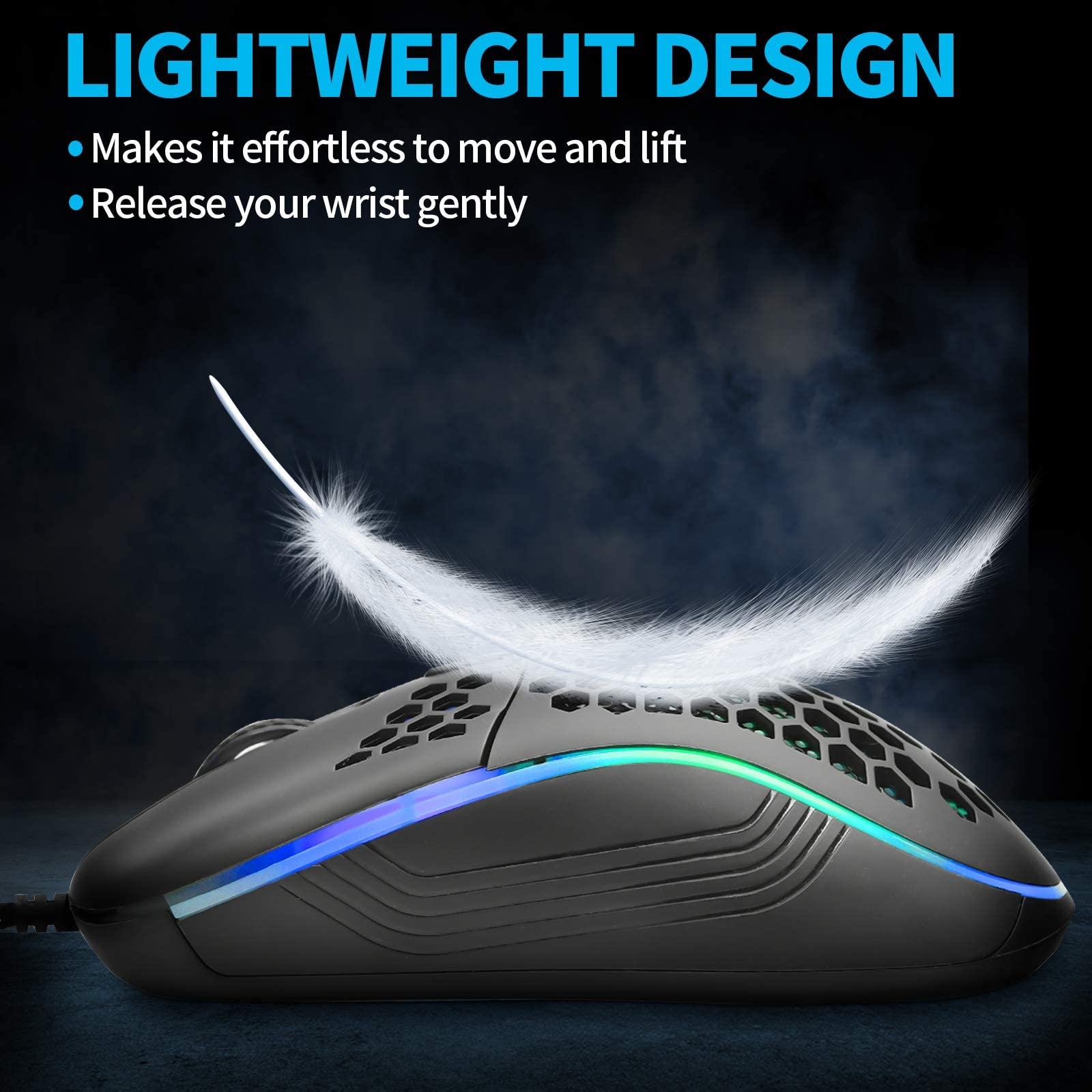 Honeycomb Wired Gaming Mouse, RGB Backlight and 7200 Adjustable DPI, Ergonomic and Lightweight USB Computer Mouse with High Precision Sensor for Windows PC & Laptop Gamers (Black)