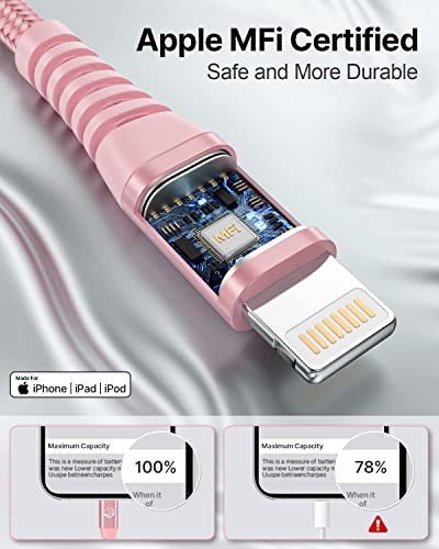 Long iPhone Charger 10 ft 2Pack, (Apple Certified) Lightning Cable 10 Foot Nylon Braided Fast Charging Extra Long 10ft iPhone Cord Compatible with iPhone 13 12 11 XS XR 10 8 7 6 Plus - Pink