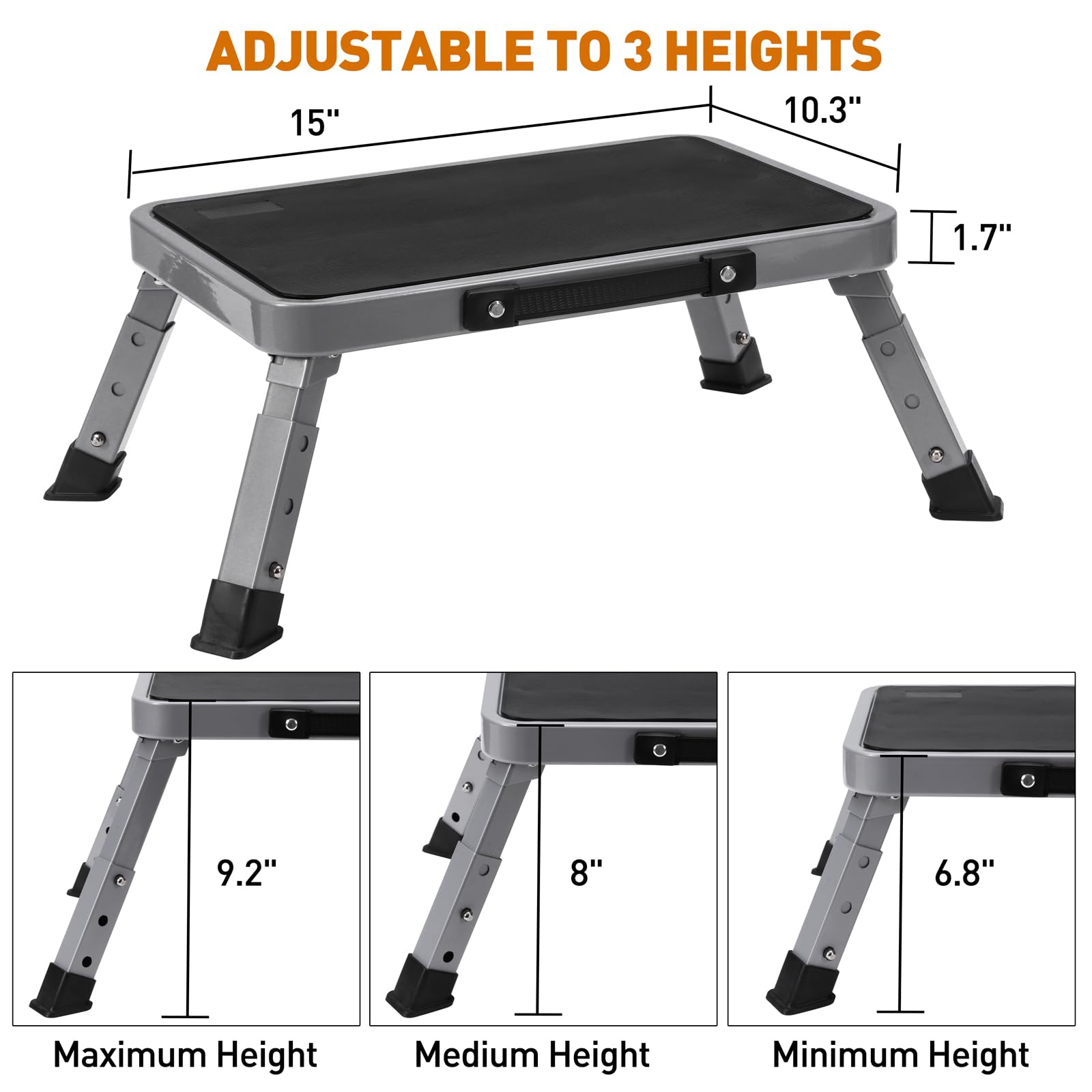 BOCOM One Step Stool, Height-Adjustable Lightweight Portable Folding Small Metal Step Ladder with Handgrip, Non-Slip Platform, Heavy Duty 330 lbs Capacity, for Home, Kitchen, Closet, RV, Adults Kids