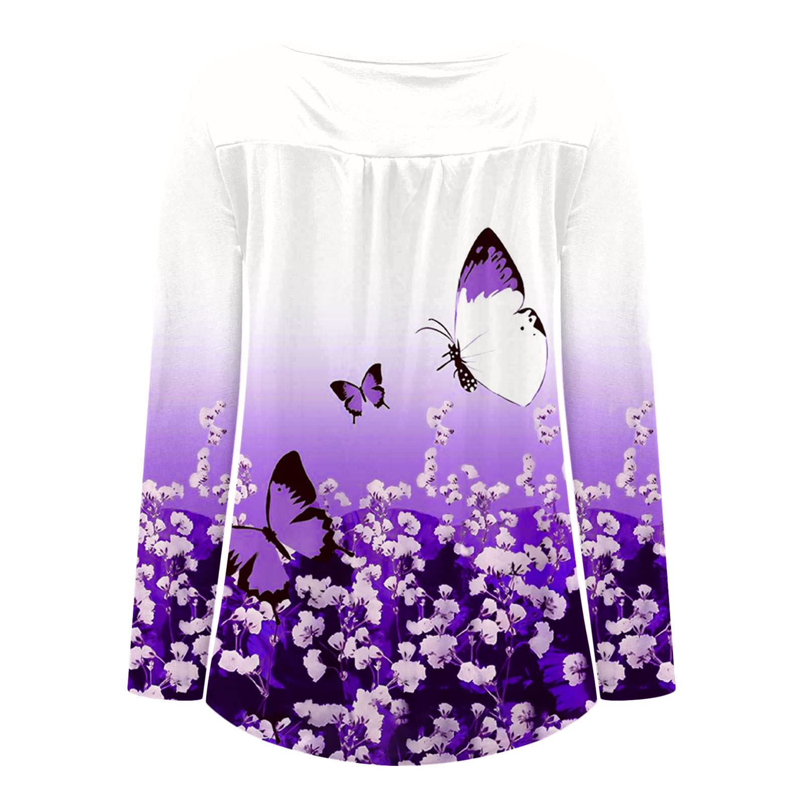Camisetas de Manga Larga Top para Mujer Camiseta plisada de Cuello Redondo Blusa Jersey Sudadera Túnica Tanque Shirt,Z3-Purple,Large