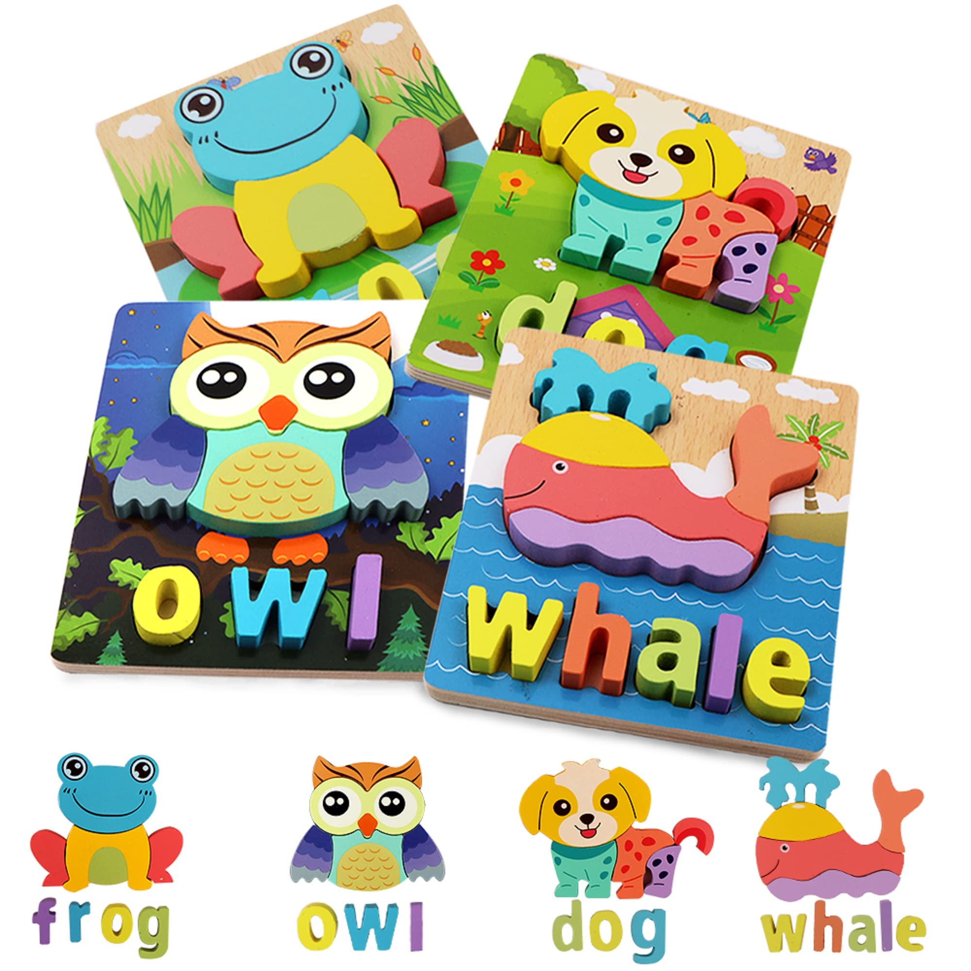 Toddler Puzzles, Wooden Toddler Puzzles Ages 1-3, Montessori Toys for 2-4 Year Old Boys Girls, 4 Pack Animal Shape Preschool Montessori Toys for Boys and Girls