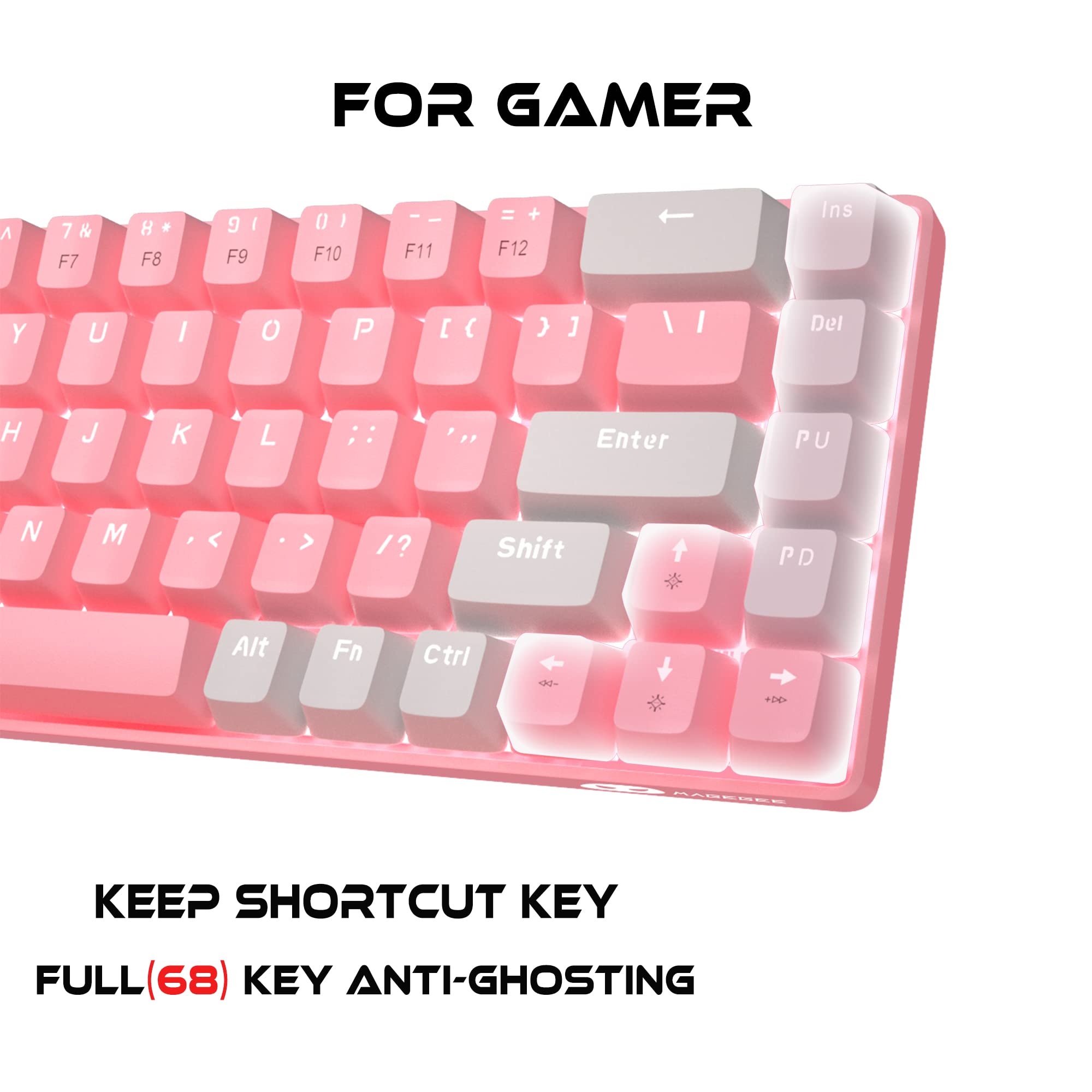 Camiysn Pink Gaming Mechanical Keyboard,Compact 68 Keys Anti-ghosting with Blue Switch Cute White Light with Detachable Type-C Keyboard for PC Gamer Windows Laptop Mac/Xbox