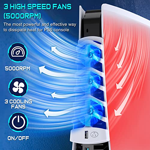 EXTREMECOOL PS5 Cooling Fan, PS5 Accessories PS5 Cooler with 3 High-Speed Cooling Fans (5000RPM) and Cool LED Light, PS5 Fan Cooling Fan Come with USB Port for Sony PS5 Digital/Disc Edition