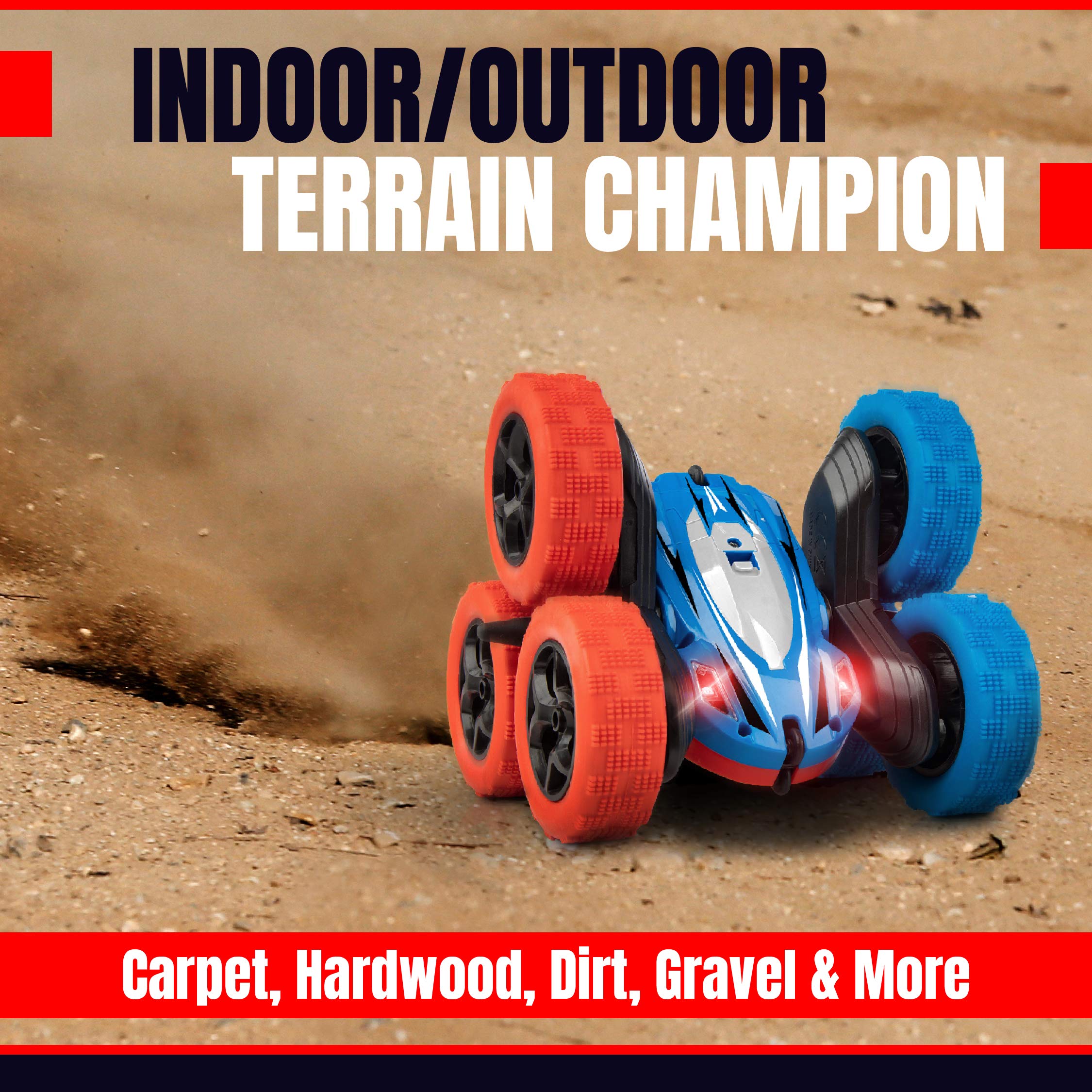 Force1 Crawler 6 Remote Control Car for Kids - 6 Wheeled RC Car Double Sided Driving with LEDs, 360 Flips, All Terrain RC Crawler Wheels, and 2.4 GHZ Remote Control, Red/Blue