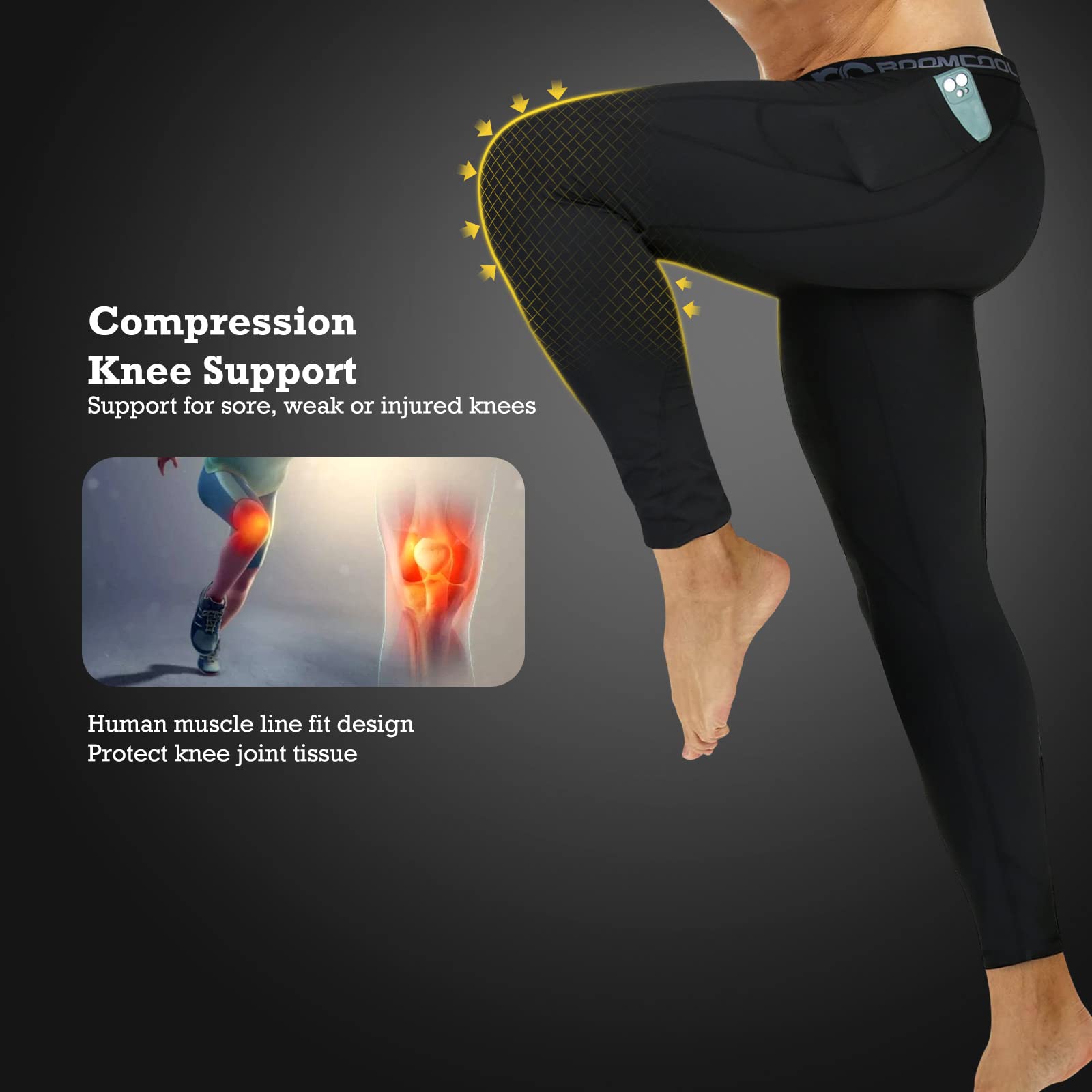 BOOMCOOL Men's Compression Pants with Pockets, Men's Running Tights Leggings Workout Dry Baselayer Gym Athletic Yoga Pants Black and Black