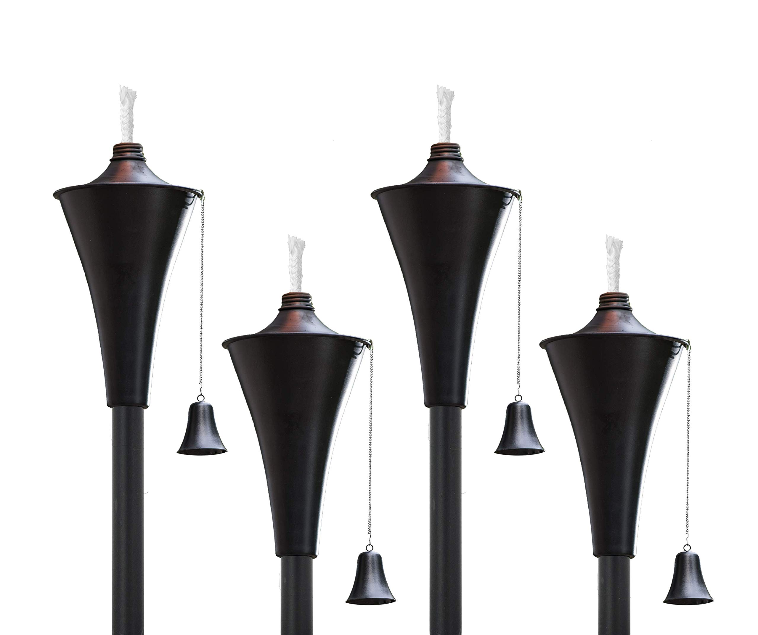 Legends Direct Set of 4, Oahu Premium Metal Patio Torches, 53" Tall- Tiki Style/w Snuffer, Fiberglass Wick & Large 16oz Oil Lamp for Deck, Patio, Lawn, Garden, Luau (Smooth Black)