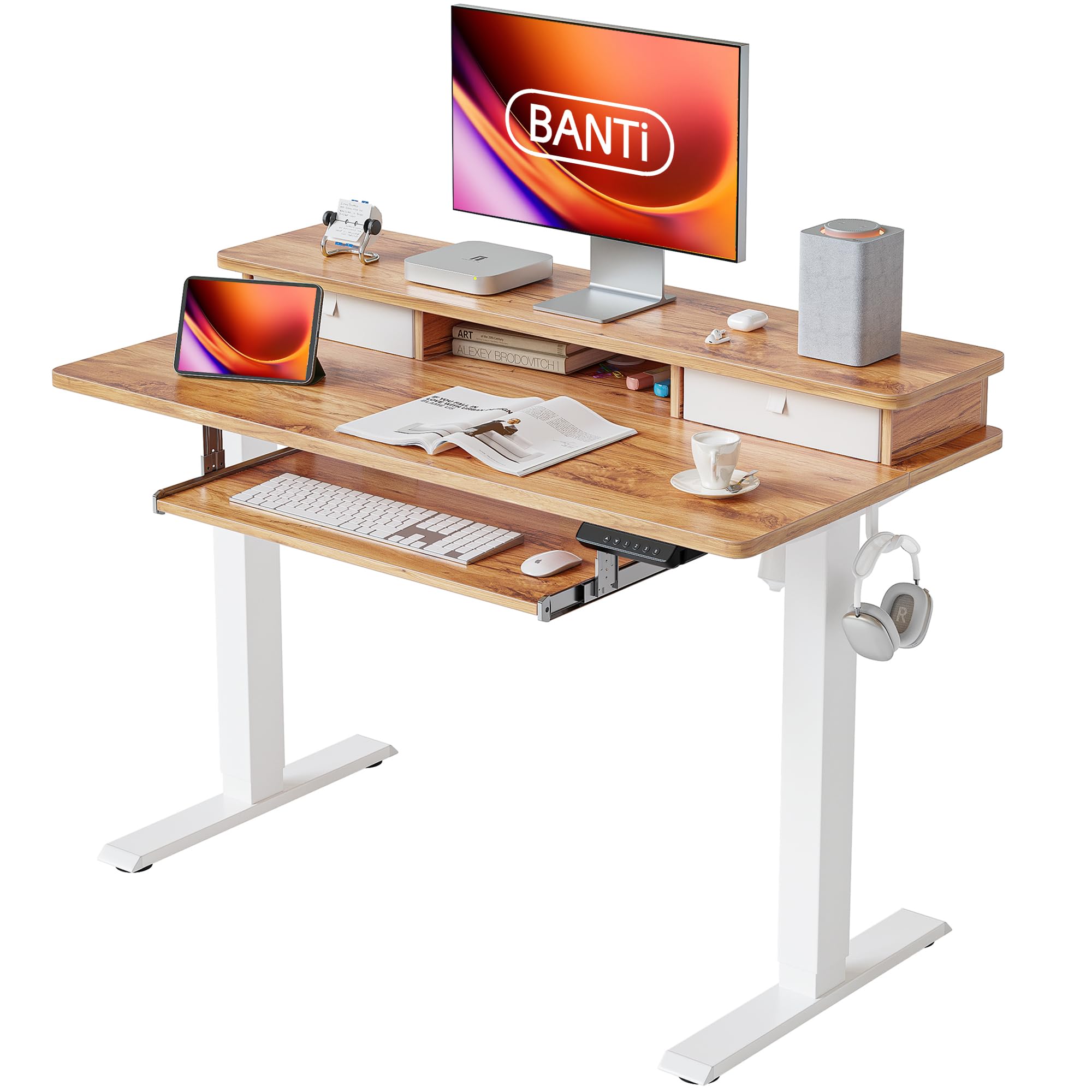 BANTI 48'' Height Adjustable Electric Standing Desk with Keyboard Tray, Home Office Desk Computer Workstation with Storage Shelf, Sit Stand Desk, Light Rustic Top