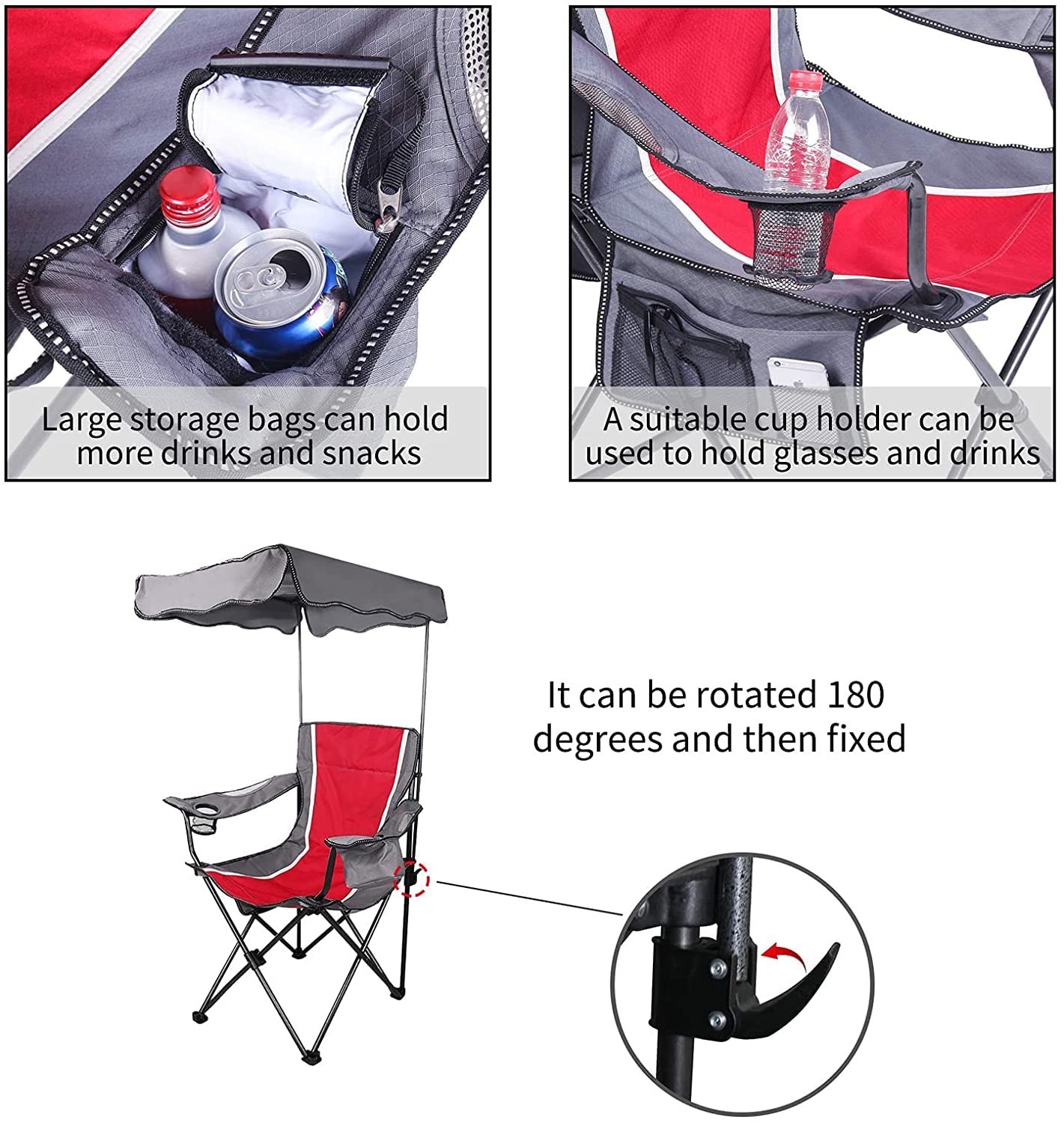 CAMP SOLUTIONS Camp Chair with Shade Canopy， Folding Camping Chairs for Adults， Portable Chair Recliner Support with Carrying Bag