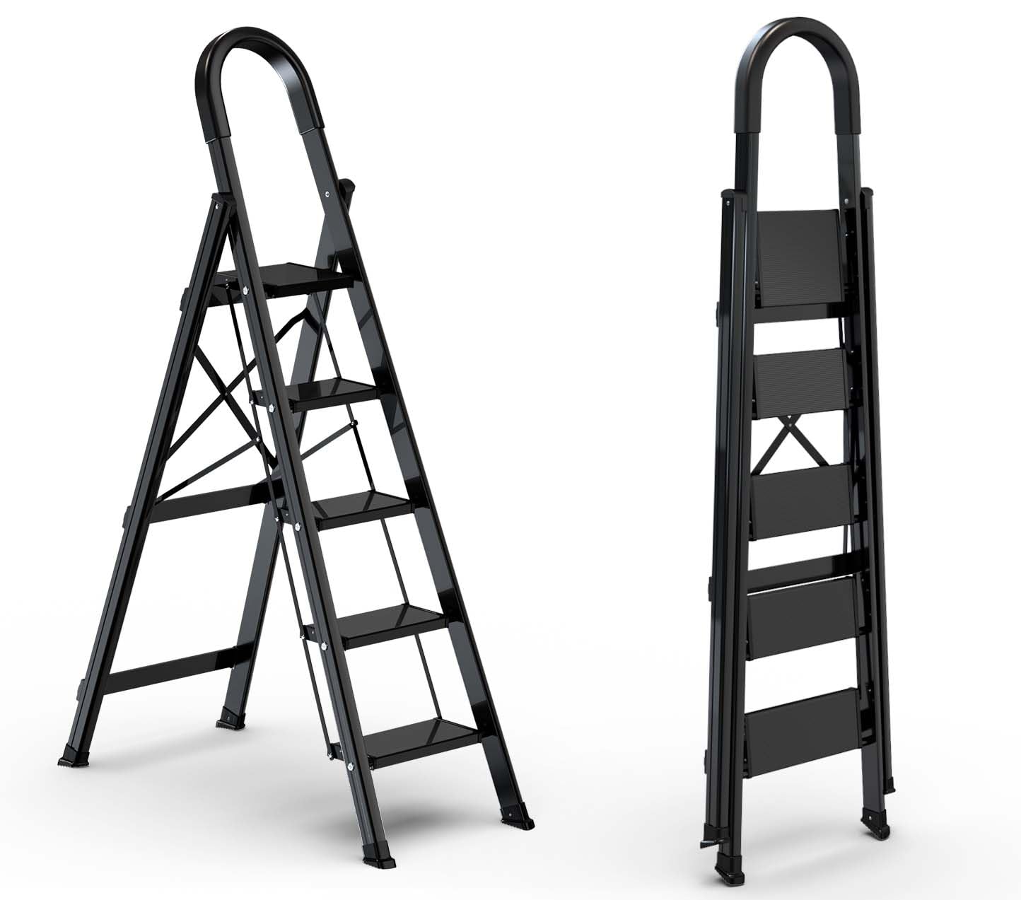 GameGem Lightweight Aluminum 5 Step Ladder Folding Step Stool with Convenient Handgrip Stepladders for 10 Foot High Ceiling with Anti-Slip and Wide Pedal for Home Use Space Saving - Brown Gold