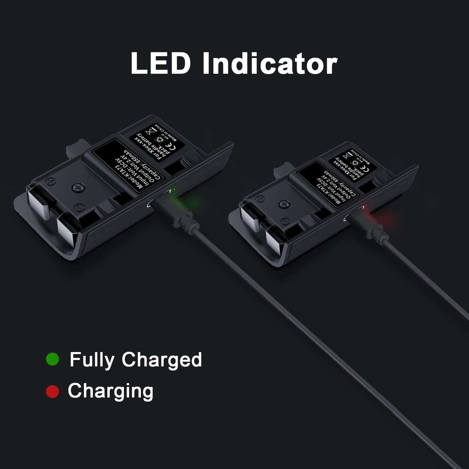 Battery Pack for Xbox Series X S Controller, 850 mAh Rechargeable Charger, Wire Charging Cable LED Indicator (2 Pack)