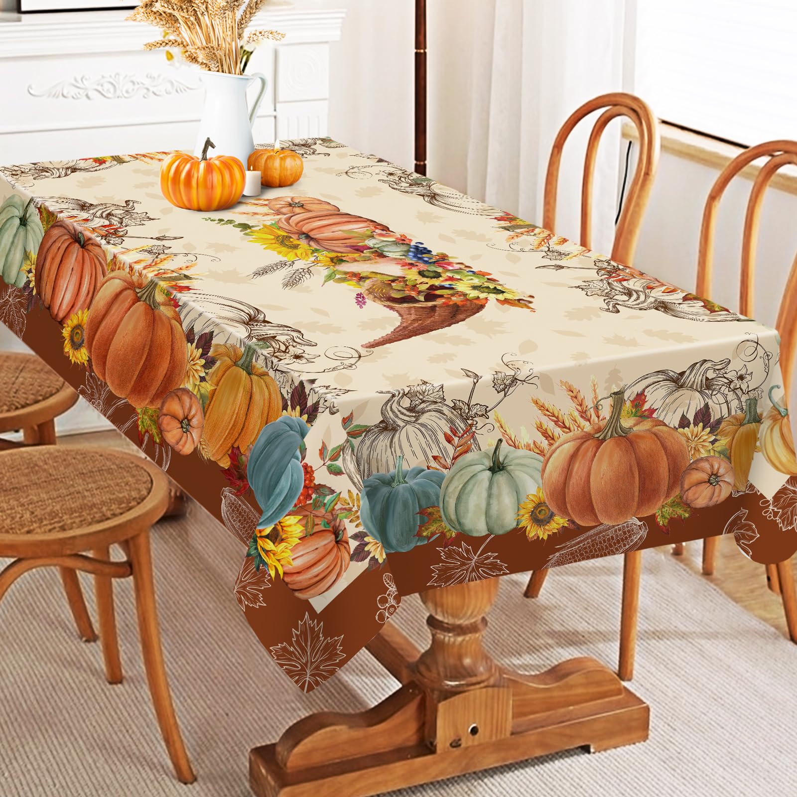 cusugbaso Thanksgiving Tablecloth 60x84 Inch Rectangle - Thanksgiving Decorations for Table - Water-Resistant Give Thanks Fall Table Cloth Rectangle for Party,Table, Holiday Decoration
