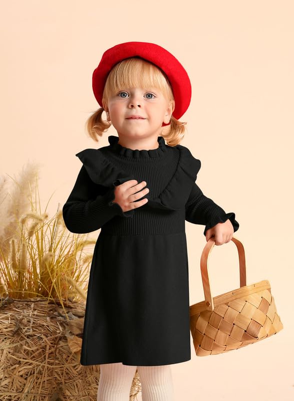 BesserBay Infant Girls Adorable Fall Ruffle Trim Ribbed Knit Cozy Warm Black Sweater Dress 6-12 Months