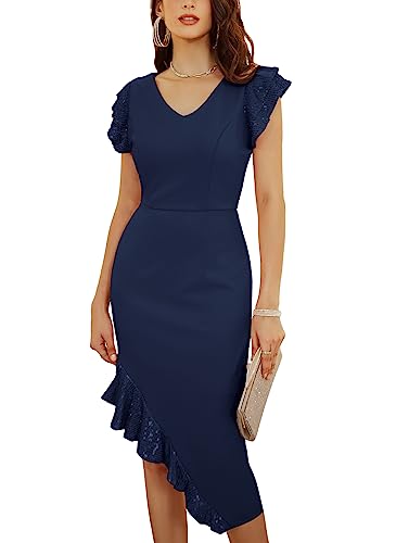 GRACE KARIN Women's 2023 Summer Dress Short Sleeve V Neck Wedding Guest Midi Dress M Navy Blue