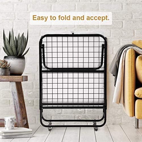 Folding Guest Bed Portable Camping Cot with Wheels,Portable Beds Frame Heavy Duty Extra Roll Away Foldaway 3.9 Inch Thick Memory Foam Mattress for Spare Bedroom & Office,L75 x W30 x H12 IN,White