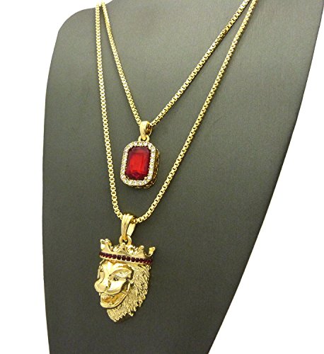 Gold Tone Micro Colorful Gemstone King Crown Lion Head Pendant 2mm 24", 30" Box Chain 2 Necklace Set (Gold + Red)