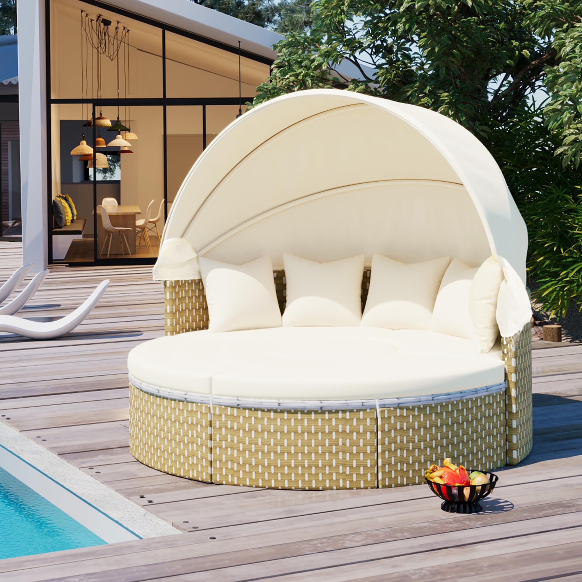 Merax All-Weather Patio Round Outdoor Sectional Sofa Set with Retractable Canopy,Rattan Daybed Two-Tone Weave Sunbed with Separate Seating and Removable Cushion,Gray