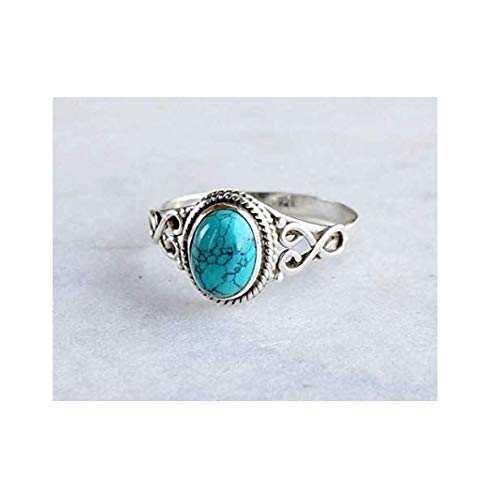 BeeSpring Women's Ring Oval Cut Natural Bohemia Turquoise Jewelry Birthday Proposal Hollow Engagement Party Band Rings Size 9