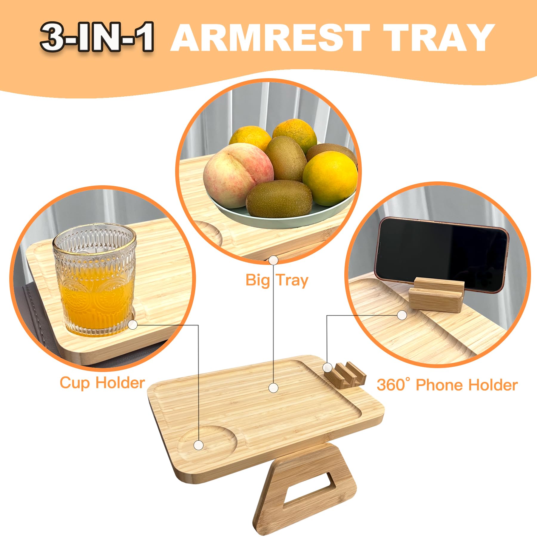 Batteo Sofa Arm Tray with 360° Rotating Phone Holder, Bamboo TV Tray and Armrest Tray, Folding Couch Arm Table, Side Table and Couch Slip with Cup Holder for Eating and Drinks, 9"x13"