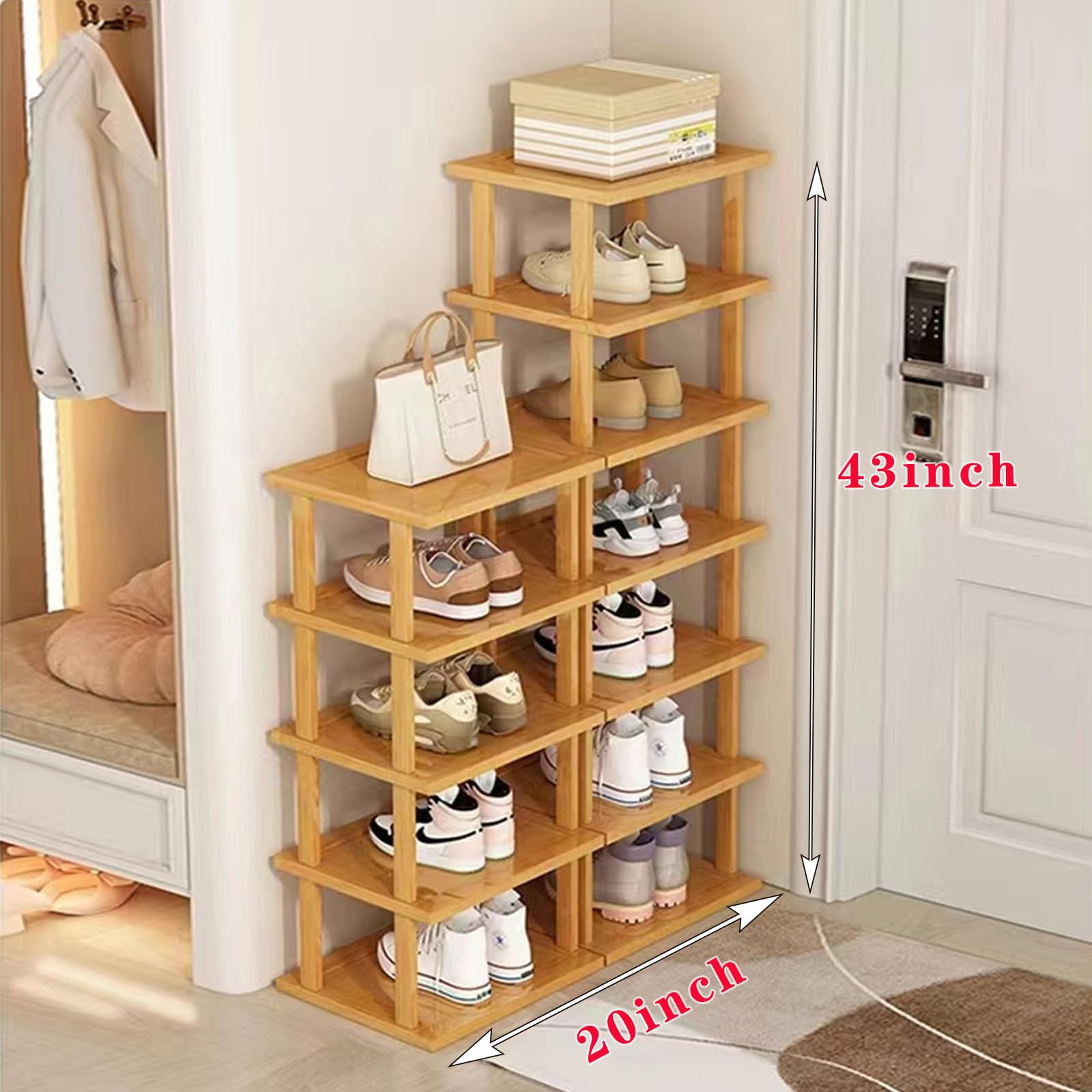 Bamboo Shoe Rack 12 Tier- Vertical Shoe Rack for Small Spaces, Tall Narrow Shoe Rack Organizer for Closet Entryway Corner Garage and Bedroom,Skinny Shoe Shelf with Free Stackable DIY