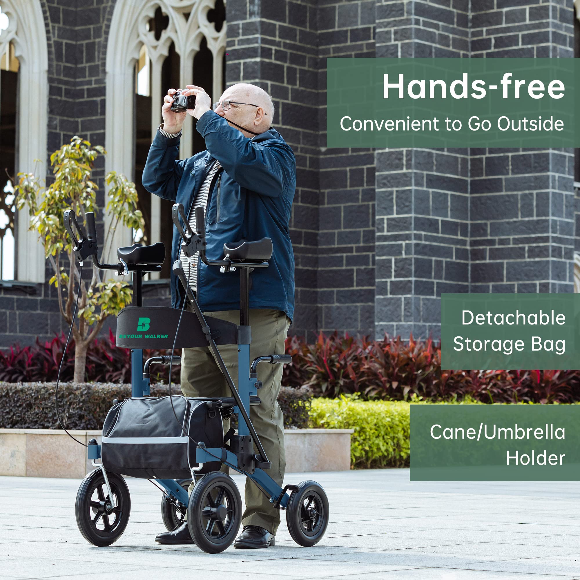 BEYOUR WALKER All-Terrain Upright Rollator Walker, Stand Up Rolling Walker with Non-Pneumatic Tire 12” Front Wheels, Compact Folding for Seniors, Blue