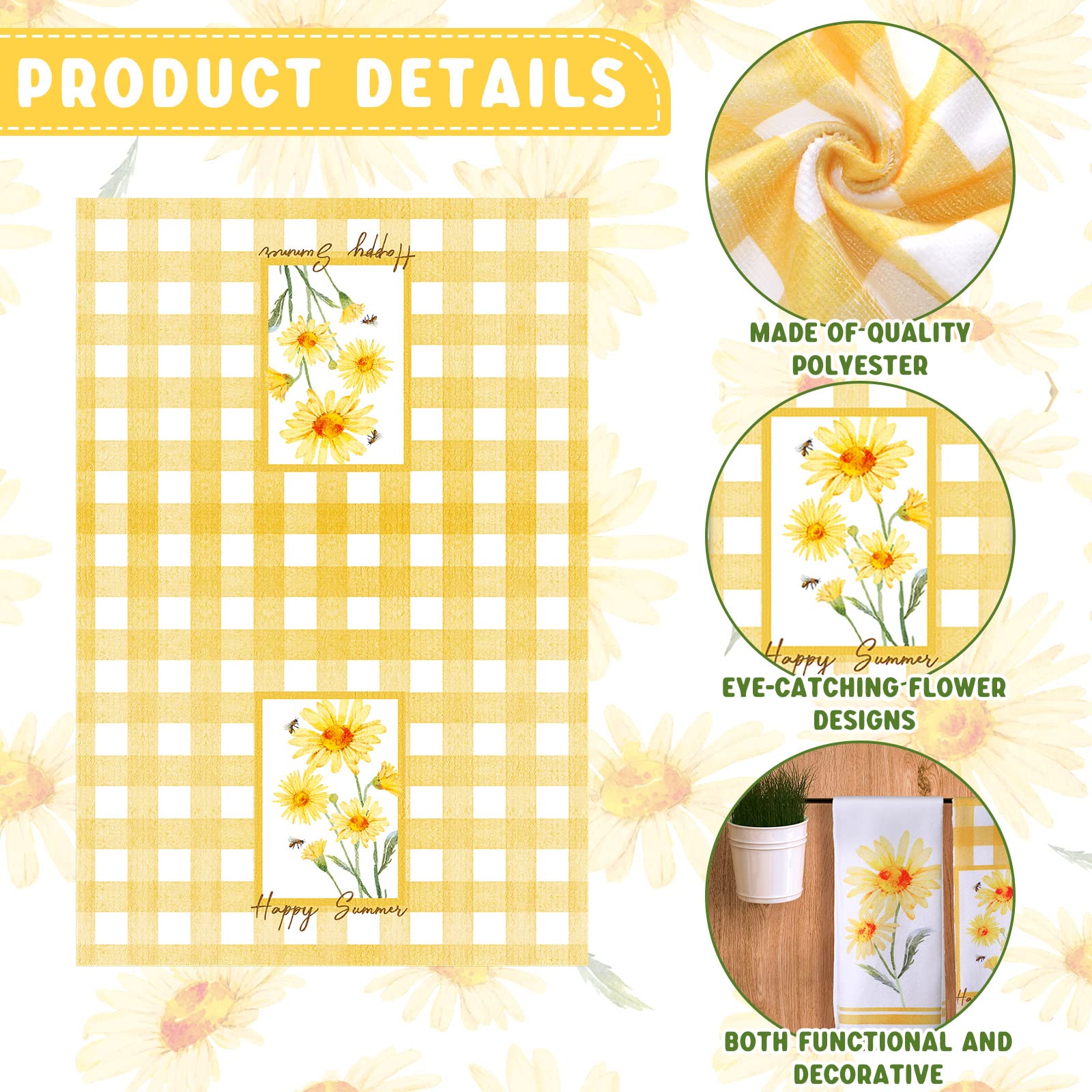 Buryeah 4 Pcs Kitchen Towels Set Yellow Daisy Dish Towels Yellow Dish Towels Absorbent Summer Kitchen Drying Towels for Kitchen Bathroom Party Seasonal Wedding Home Decorations,15.75 x 23.62 Inches