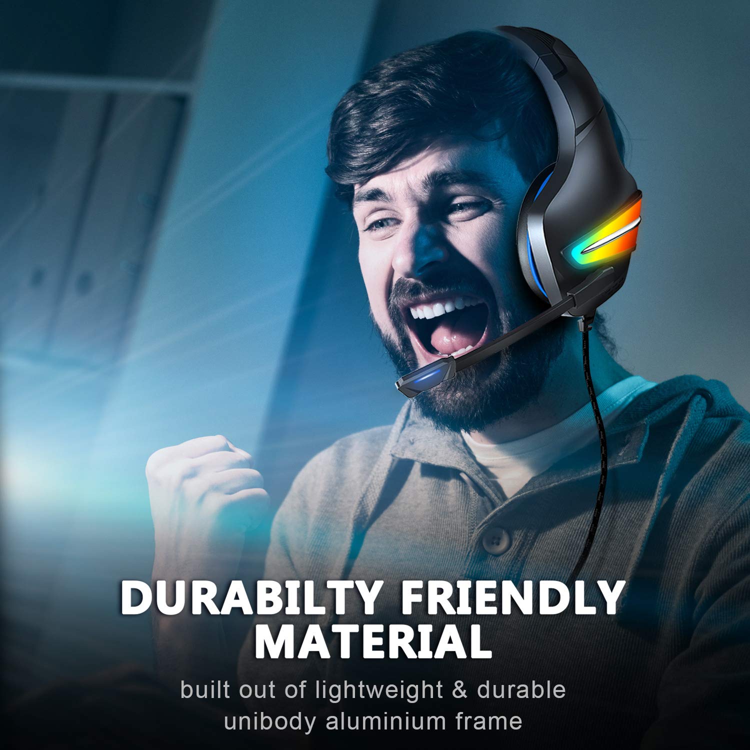LMPOHO PC Gaming Headset with Stereo Surround Sound, J6 Wired Computer Over Ear Headphones for PS4, PS5, Nintendo Switch, Xbox One, with Noise Isolating Mic & RGB Light & Comfort Earmuff - Blue