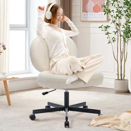Criss Cross Chair with Wheels-Armless Cross Legged Desk Chair with Adjustable Height, Ergonomic Swivel Vanity Chair Mid Back Computer Home Office Task Chair for Small Space/Bedroom/Study-Beige