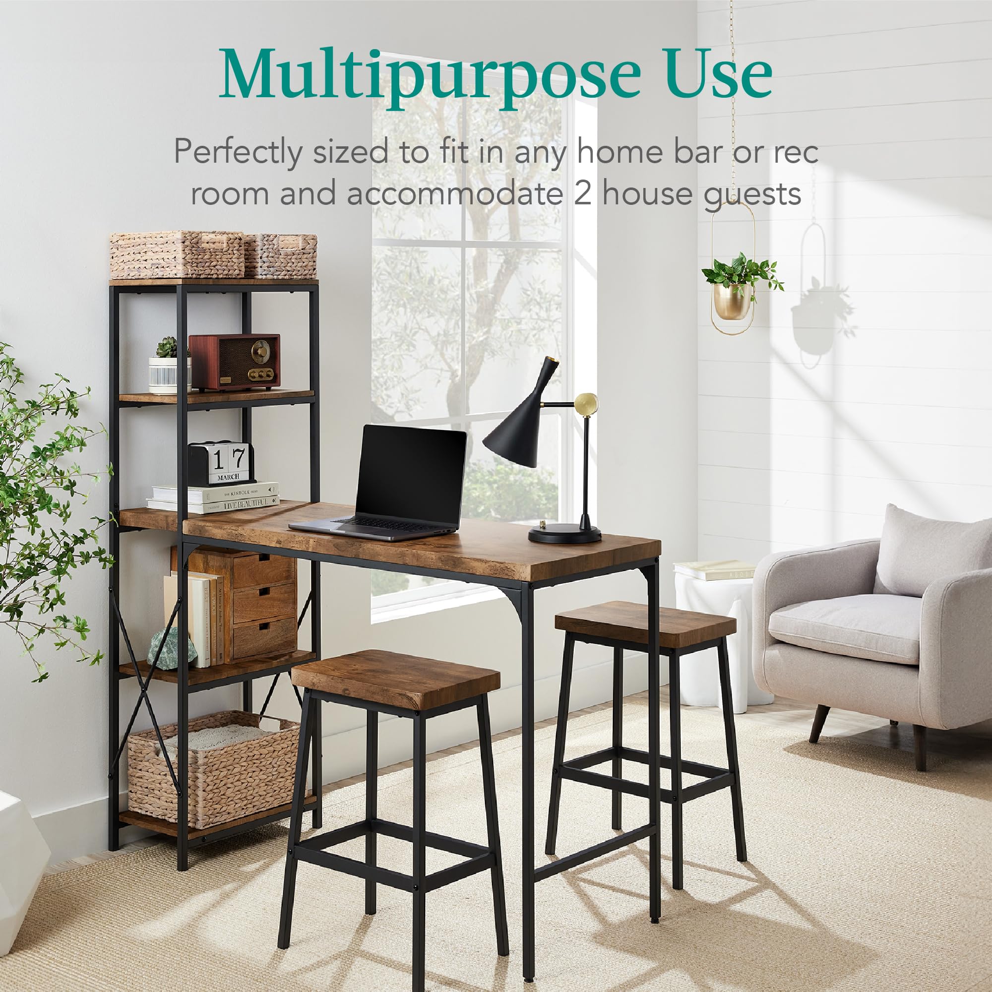 Best Choice Products 3-Piece Counter Height Dining Set, Desk, Bar, Kitchen Island Table w/ 2 Stools, Wine Rack & Storage Shelves - Brown