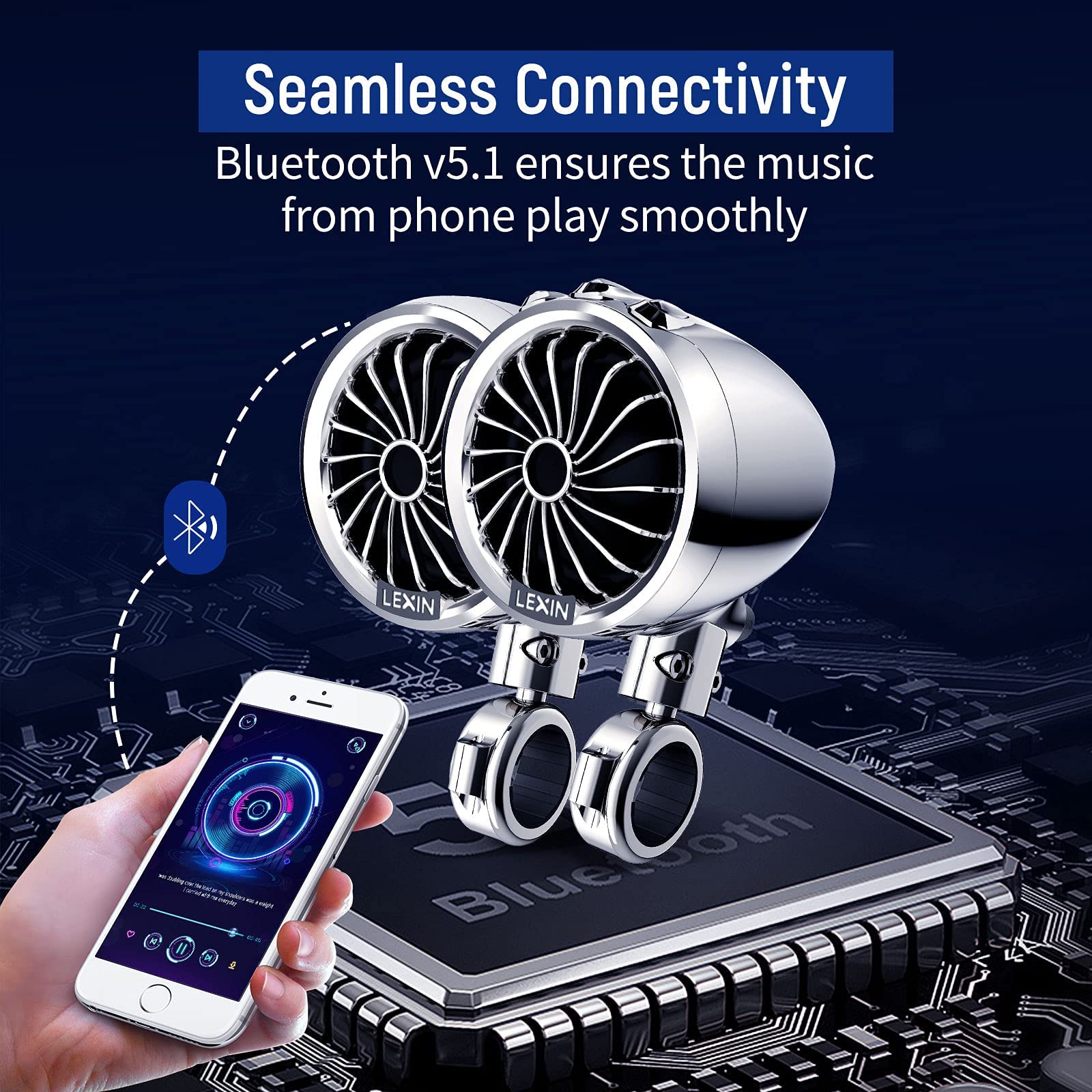 LEXIN Q3 Motorcycle Speakers Bluetooth Waterproof, 3" Full Range Handlebar Audio Systems for Harley with Stereo/Bass Sound, Turning Light, Bluetooth V5.1, FM Radio, Fits ATVs/UTVs, Chrome