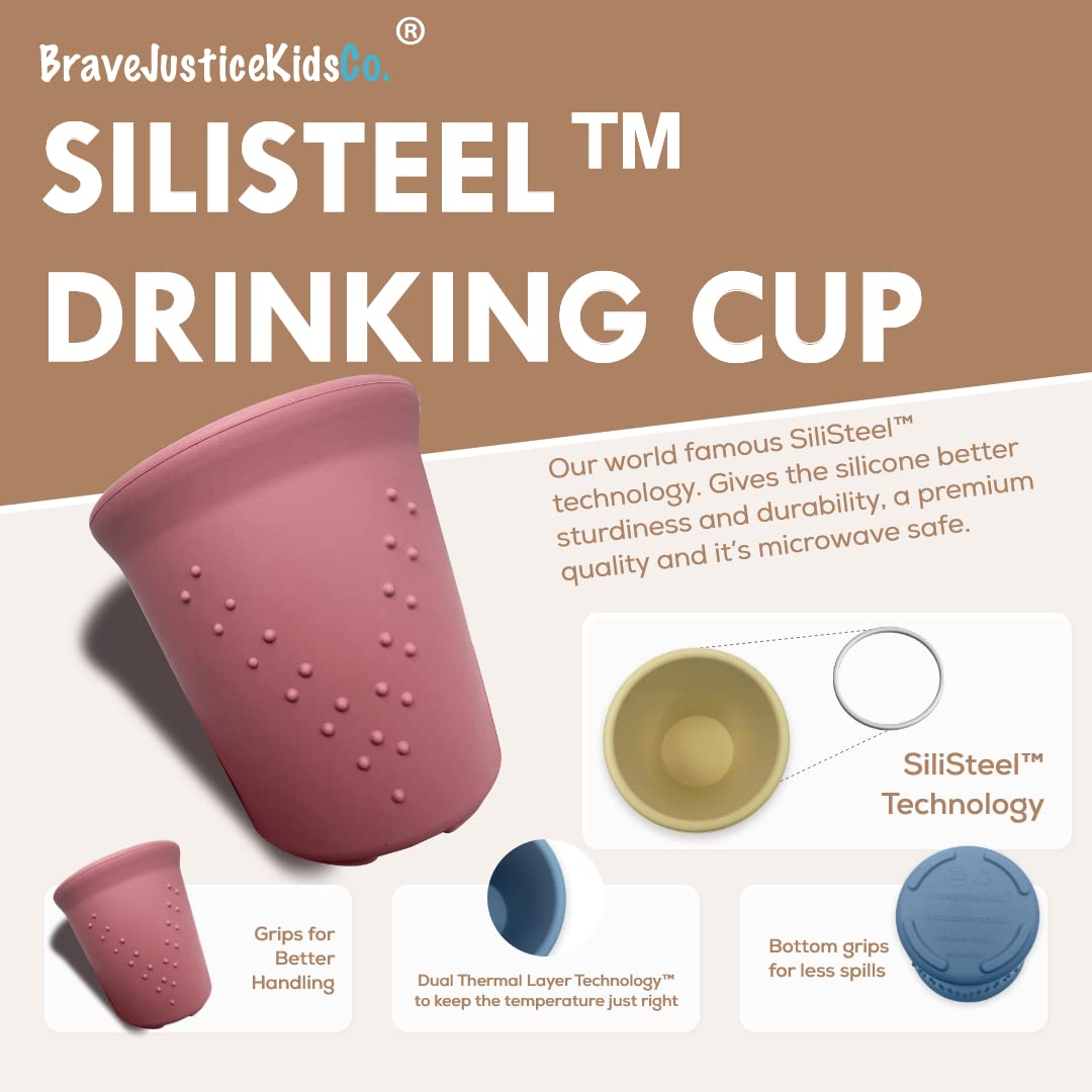 BraveJusticeKidsCo. | SiliSteel™ Drinking Cups | Kids and Toddler Silicone + Steel Dinnerware Cups | Unbreakable Dinnerware | Reusable Dishwasher Safe Water Glasses (2 Pack) (Cream)