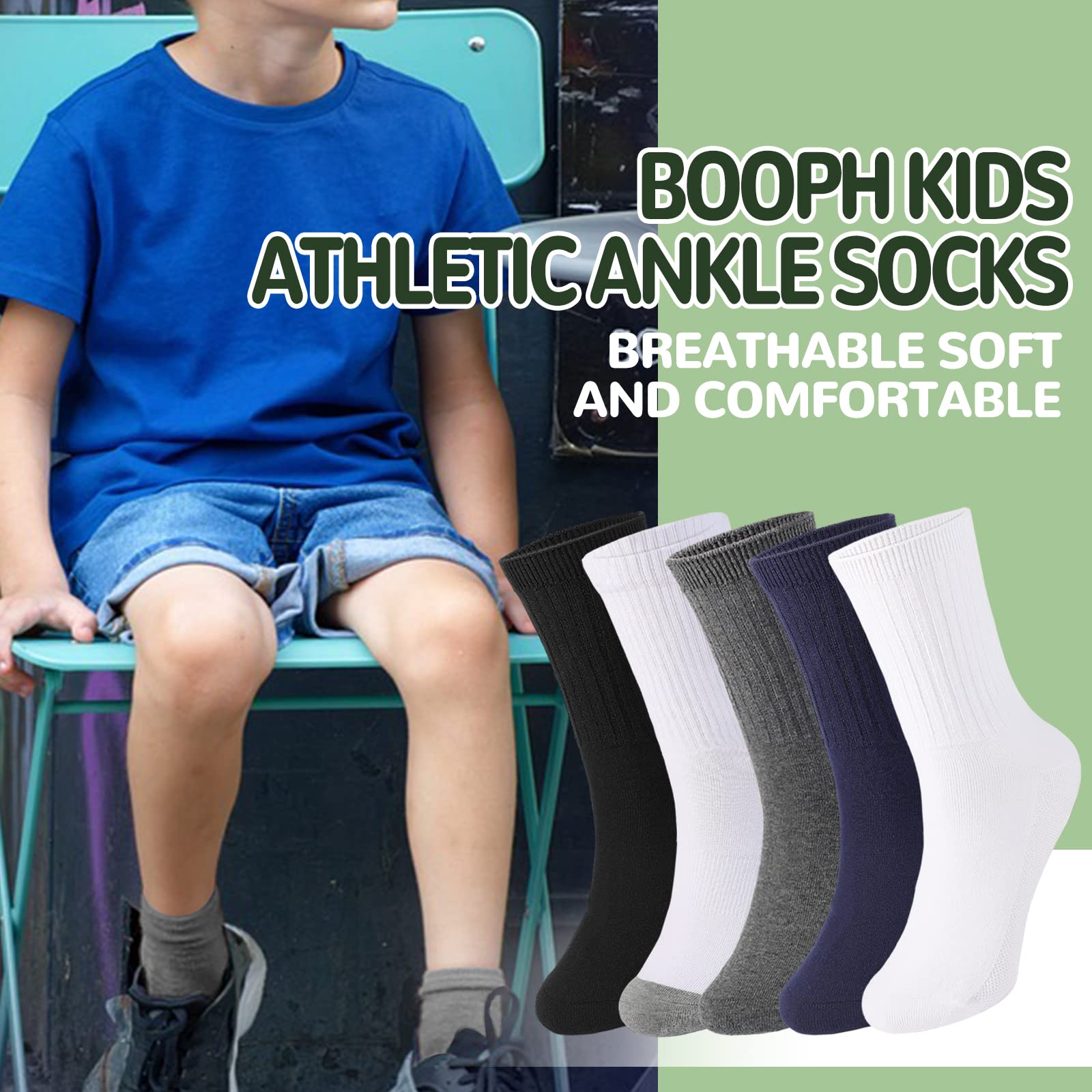 BOOPH 6 Pairs Boys Athletic Crew Socks Ankle Socks for Kids W-Gray 10-14 Years
