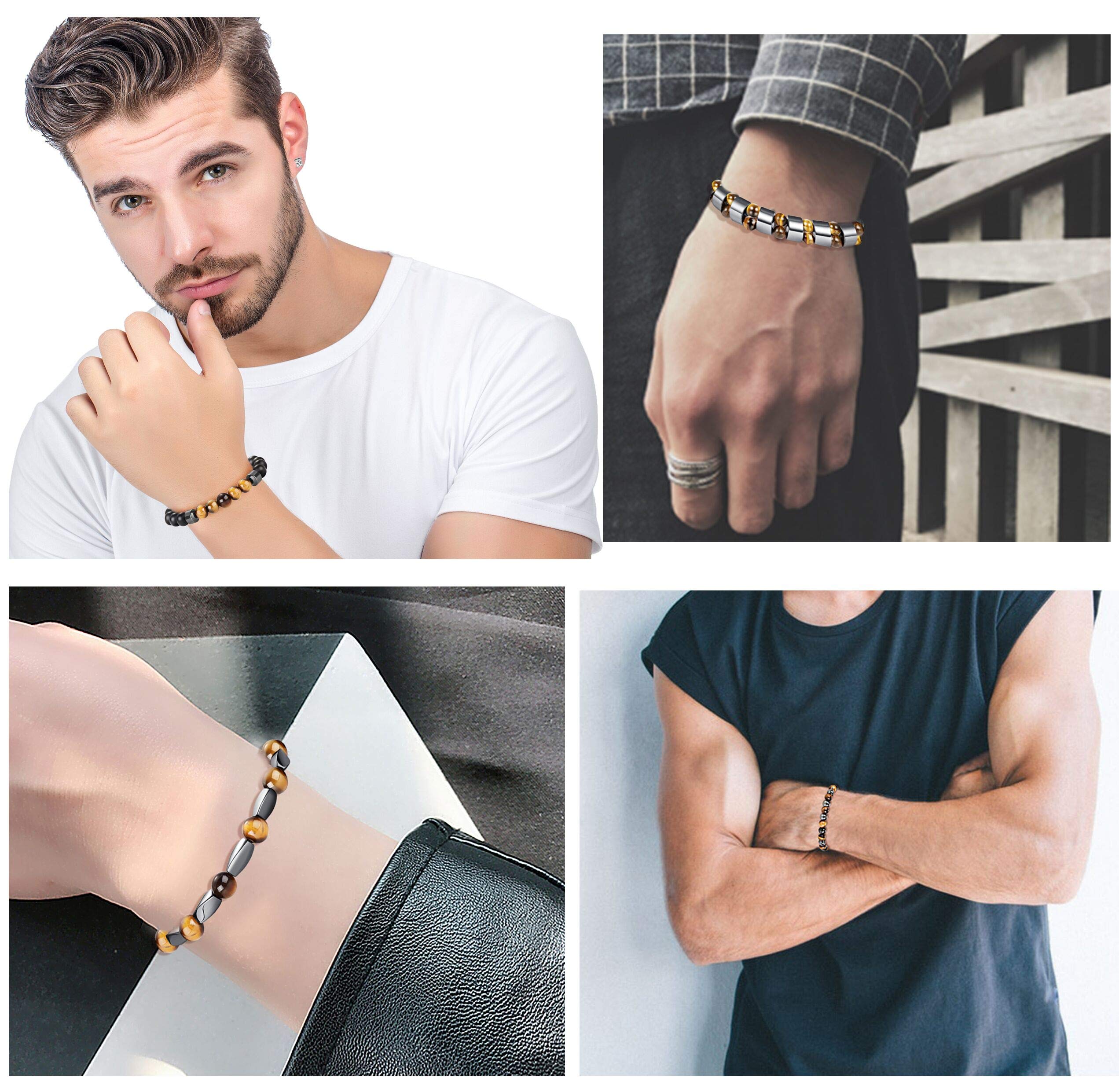 Jstyle 4Pcs Bead Bracelet for Men Women 8mm Tiger Eye Stone Beads Bracelet Elastic Natural Stone Bracelet Bangle
