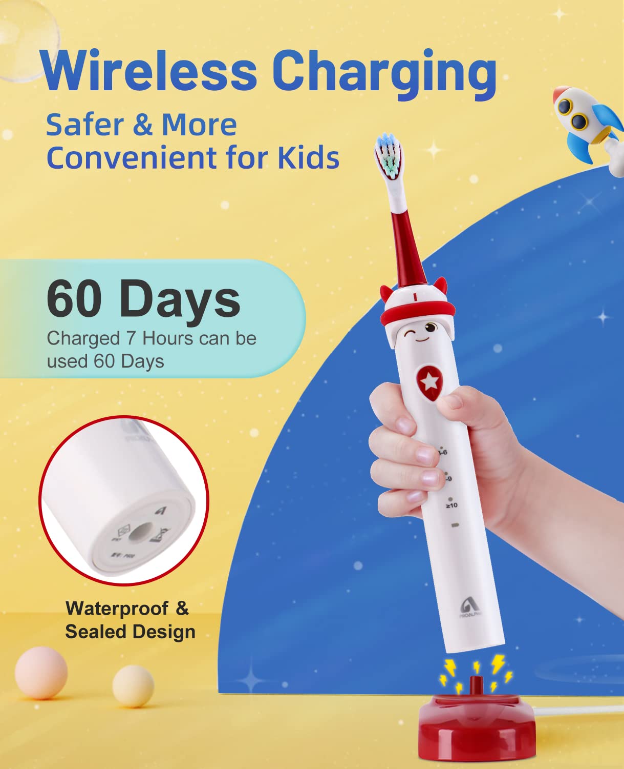 JTF Kids Electric Toothbrush-for Ages 3-12, Rechargeable Electric Toothbrushes, Wireless Fast Charge & Long Battery Lasting for 60 Days,with Smart Timer 3 Modes & 2 Kids Size Brush Heads, Red…