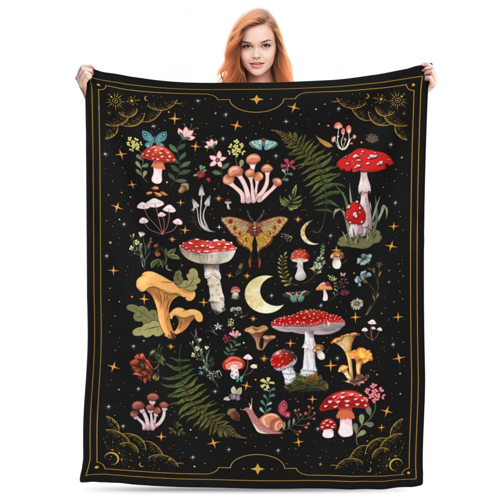 Cute Mushroom Throw Blanket Aesthetic,Witchy Gifts for Women,Gothic Gifts,Soft Cozy Warm Moth Witchy Plush Blanket Throw for Women Men Teens Girls Boys Mom,60x50 inch Black