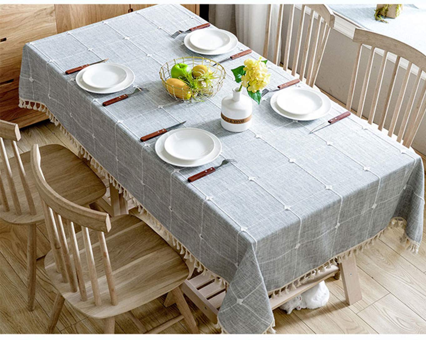 Bettery Home Cotton Linen Rectangular Tablecloth Tassel Plaid Table Cloth for Dining Kitchen Room Tabletop Decoration, 36" x 52" Grey