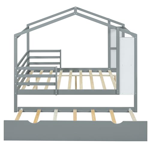 Full Size House Bed with Trundle, Full Bed with Trundle Wood Full Bed Frame with Fence, Writing Board, Montessori Bed Frame with Trundle Bed Full kids Bed Frame for Kids, No Box Spring Need, Grey
