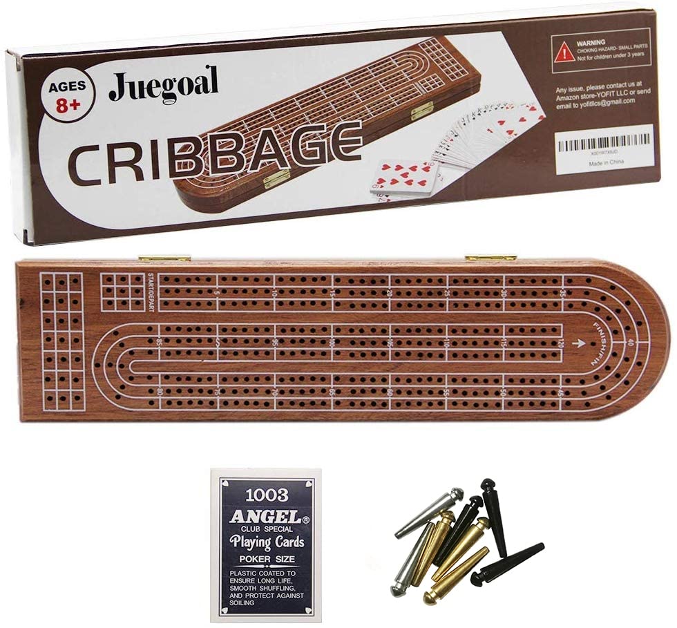 Juegoal Wood Cribbage Board Game Set 3 Tracks with Metal Pegs, Cards, Storage Area