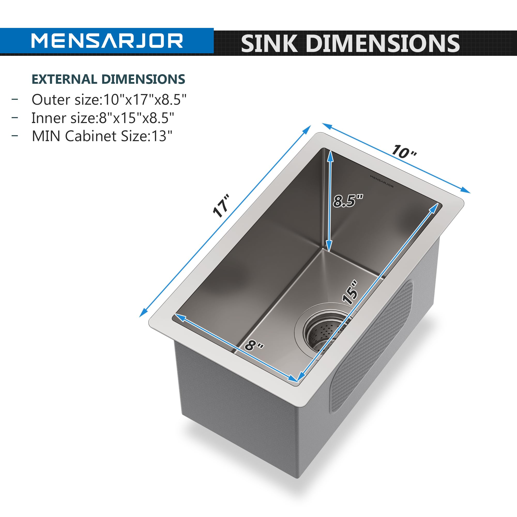Bar Sink, MENSARJOR 14'' x 18'' Single Bowl Kitchen Sink, 16 Gauge Undermount Stainless Steel Square Small Kitchen Sinks, Bar or Prep Sink (14" x 18" x 8.5")