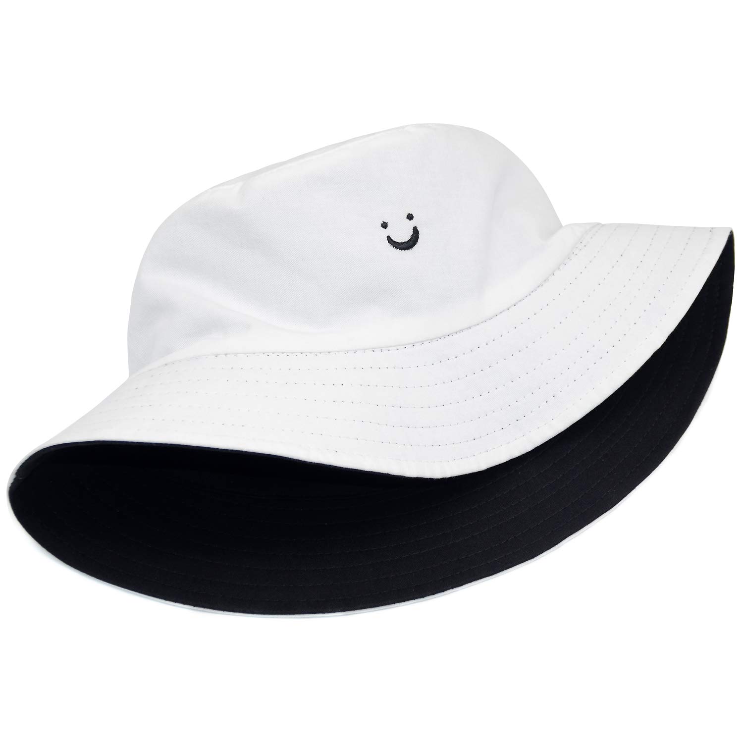 Bucket Hat Unisex 100% Cotton Smile Face Embroidery Reversible Hat Travel Bucket Beach Sun Hat Outdoor Cap