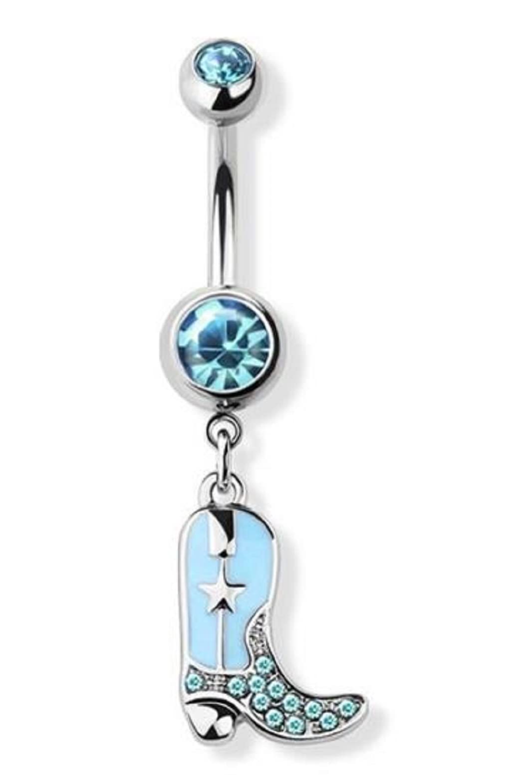 Body Accentz Belly Button Ring Gem Paved Cowboy Cowgirl Boots 316L surgical steel navel silver star