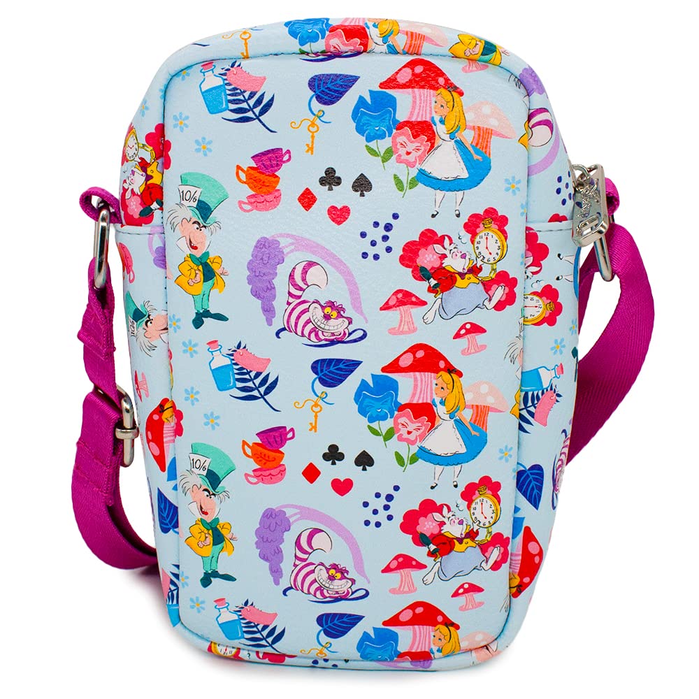 Buckle Down Disney Bag, Cross Body, Alice in Wonderland Character Collage and Icons Scattered, Vegan Leather
