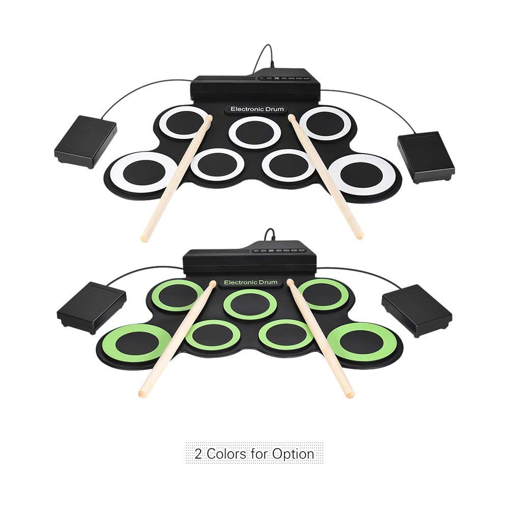 LokFy Electronic Drum Set Roll Up Drum Pad Portable, with Headphone Jack, Foot Pedals and Drum Sticks, Gift for Beginner (Green)