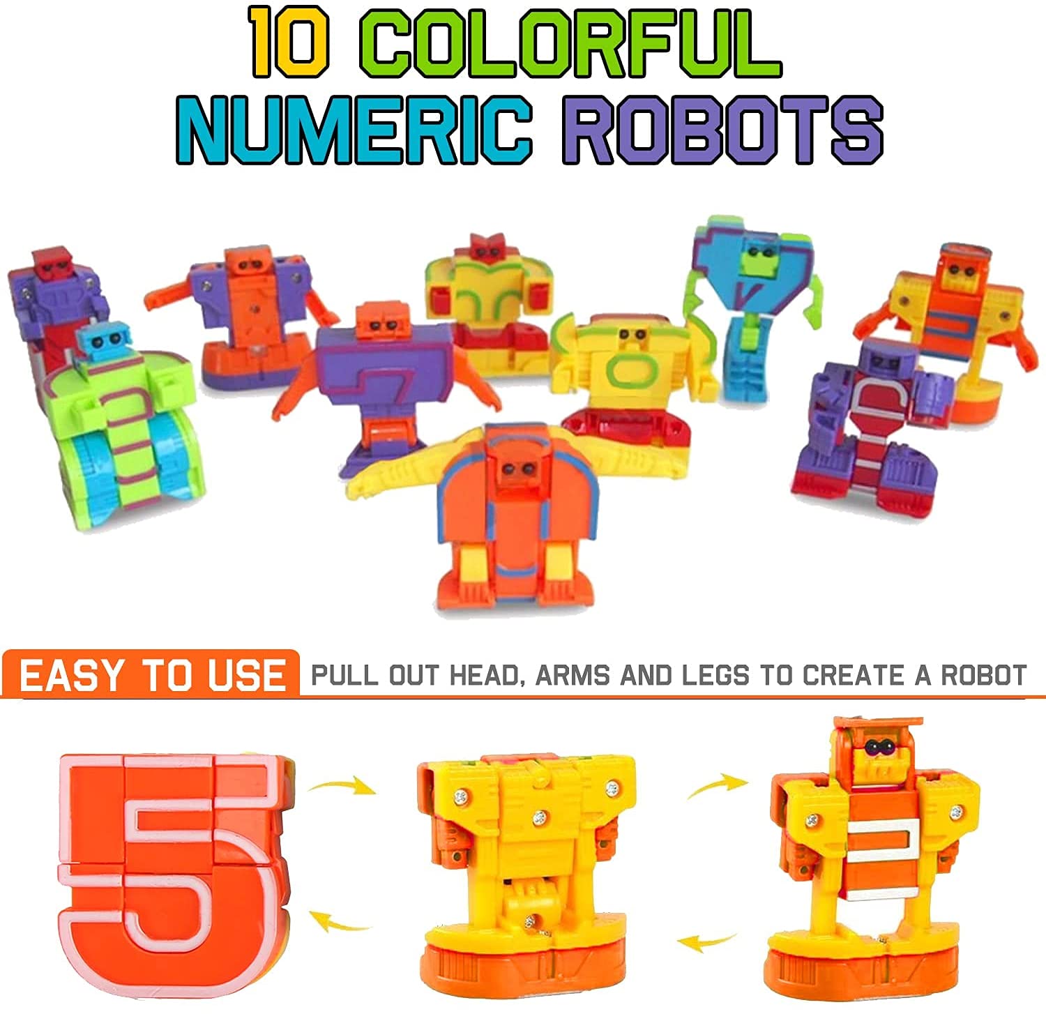 Liberty Imports 15 PCS Number Robots Transforming Toys Set - Math Counting Numerical Transform Robot Figures, Educational STEM Learning Bots for Kids
