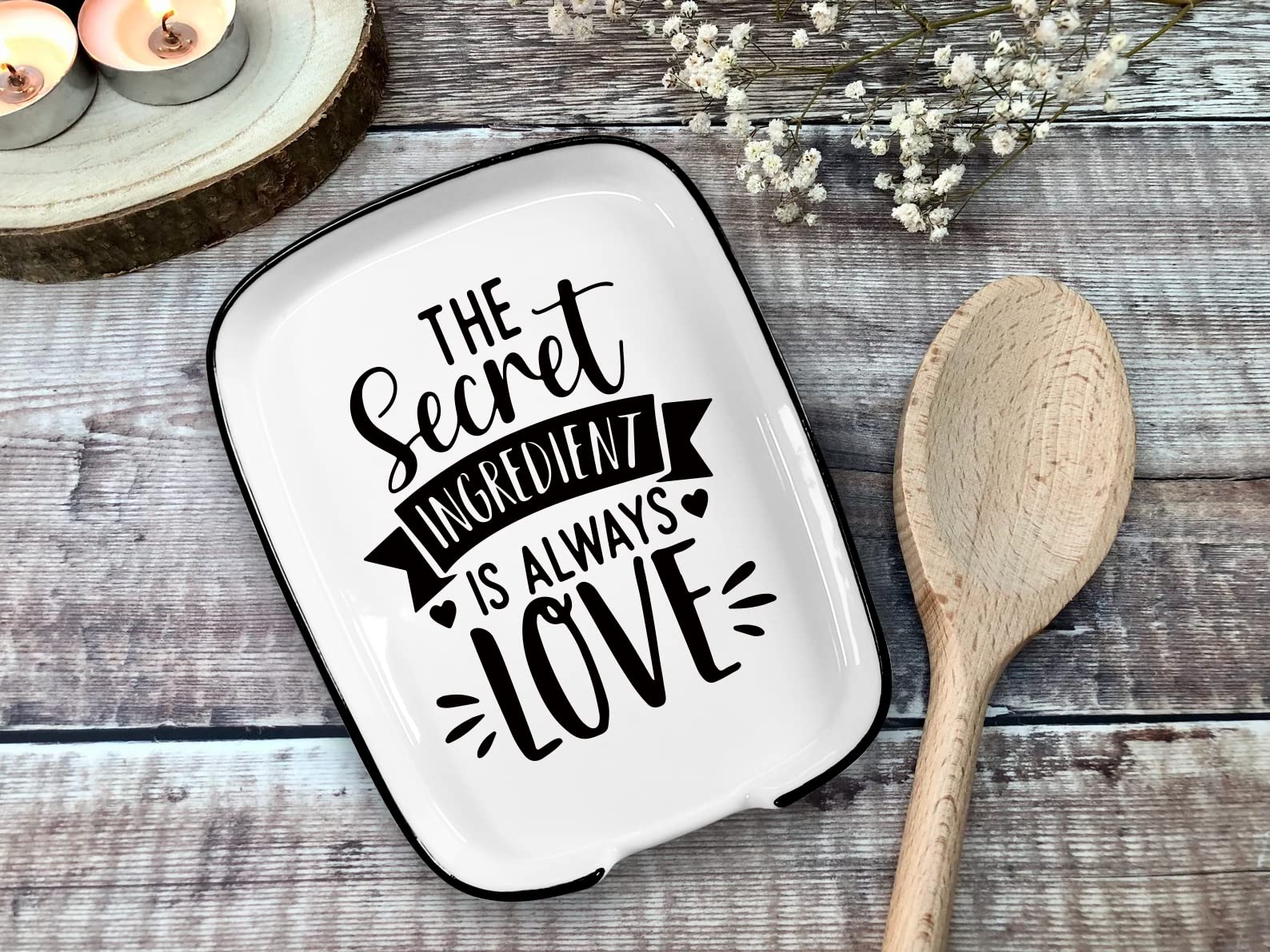 Ceramic Material Spoon Rest The Secret Ingredient is Always Love, Functional Kitchenware Spoon Rest for Kitchen Countertop or Stove Top Gift for Cooking Enthusiasts