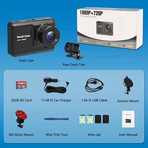 Dash Cam Front and Rear, 1080P Full HD Dash Camera for Cars with 32GB SD Card, 2.45'' IPS Screen, 170°Wide Angle, Night Vision, Parking Monitor, Loop Recording, Motion Detection