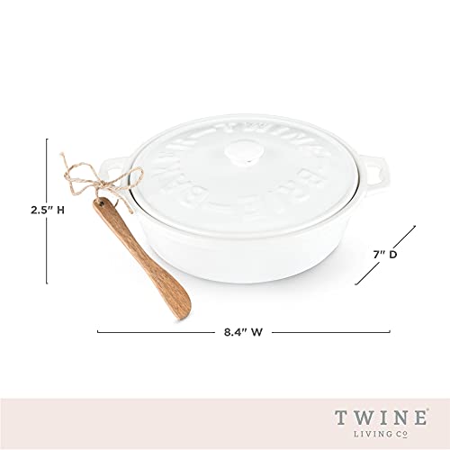 Twine, Brie Baker with Lid, Acacia Wood Spreader, White Ceramic, Set of 1