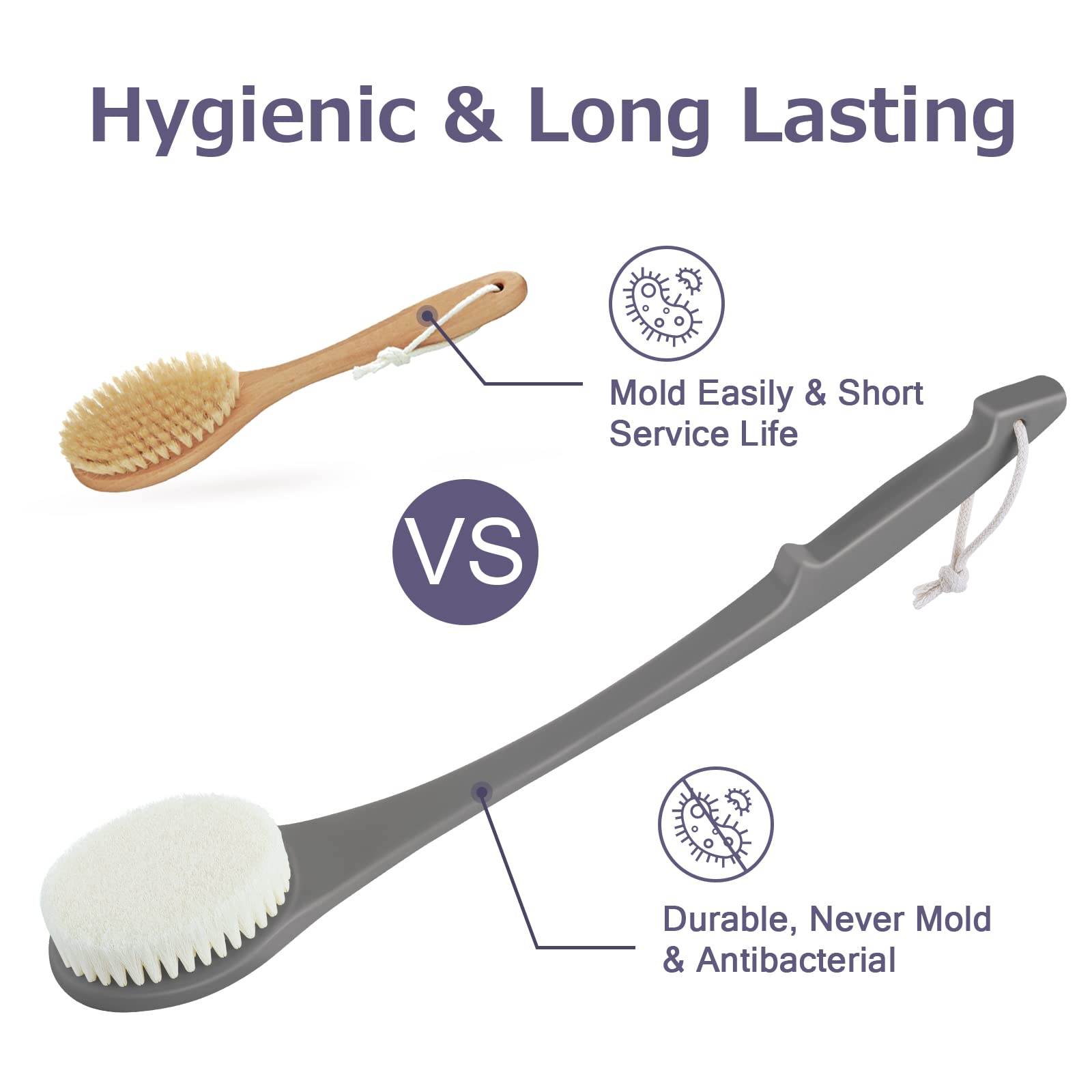 Body Brush Back Scrubber, 17 in Never Mold Back Brush Long Handle for Shower, Exfoliating Brush Dry Brushing Body Brush for Men Women Elderly Deep Exfoliation Soft Glowing Skin (17 '' Dark Grey)