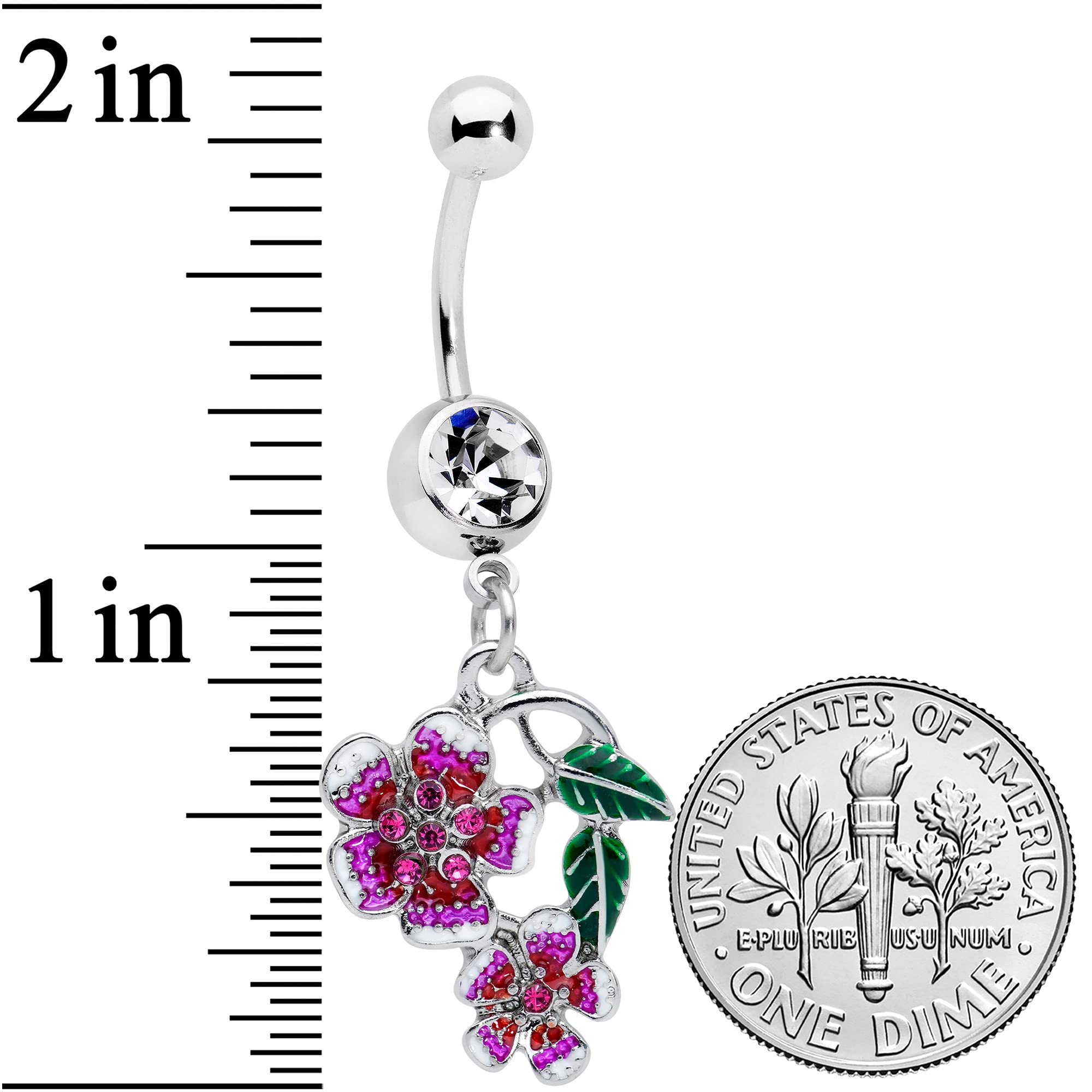 Body Candy Womens 14G 316L Steel Navel Ring Piercing Clear Red Accent Double Flower Dangle Belly Button Ring