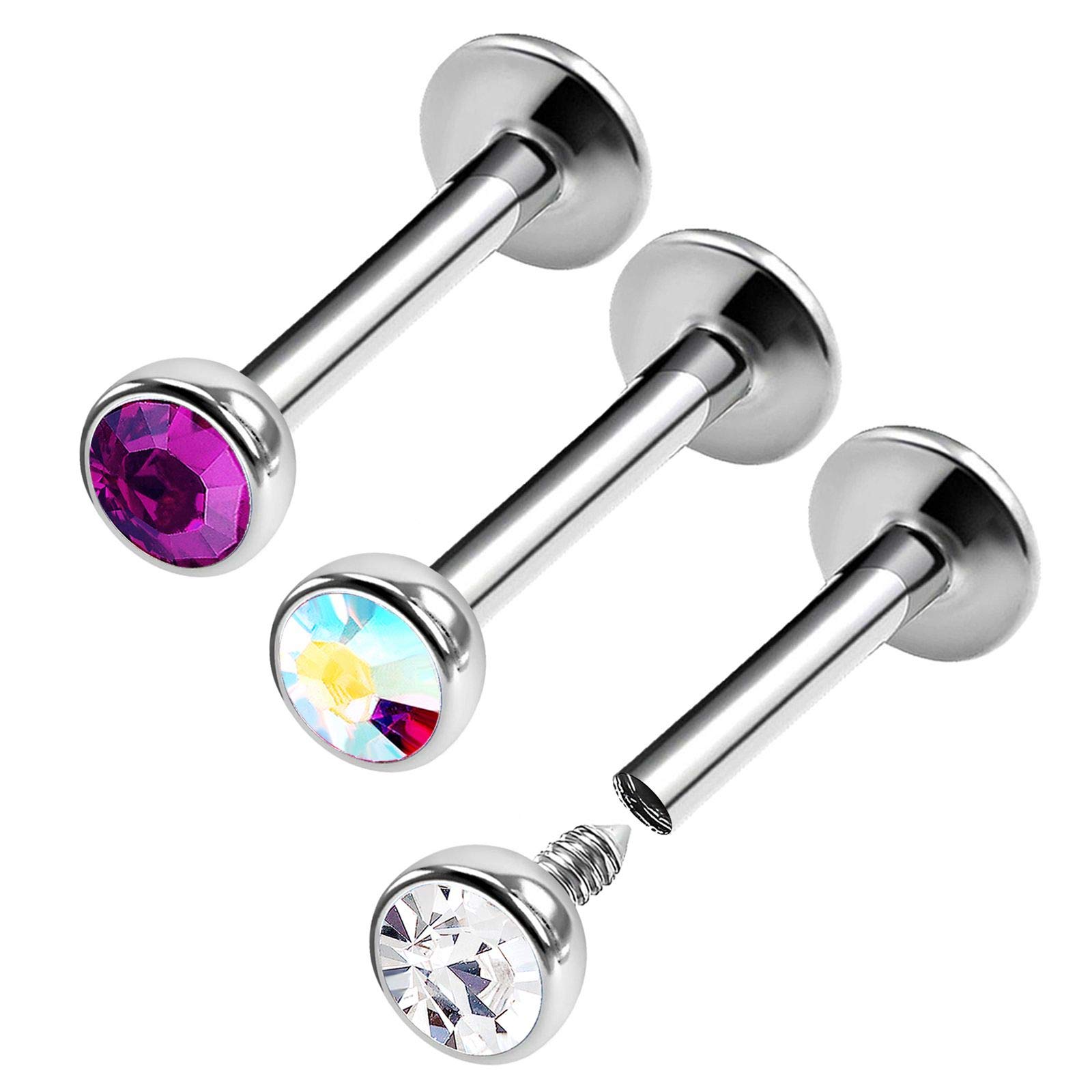 BanaVega 3PCS Steel Internally Threaded Labret Rings 16 gauge 5/16 8mm 3mm Crystal Auricle Tragus Earrings Lip Piercing Jewelry 0493